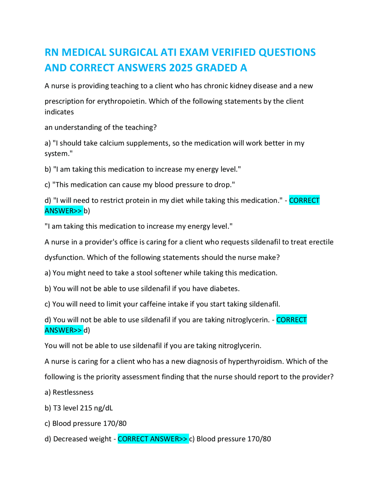 RN MEDICAL SURGICAL ATI EXAM VERIFIED QUESTIONS AND CORRECT ANSWERS ...