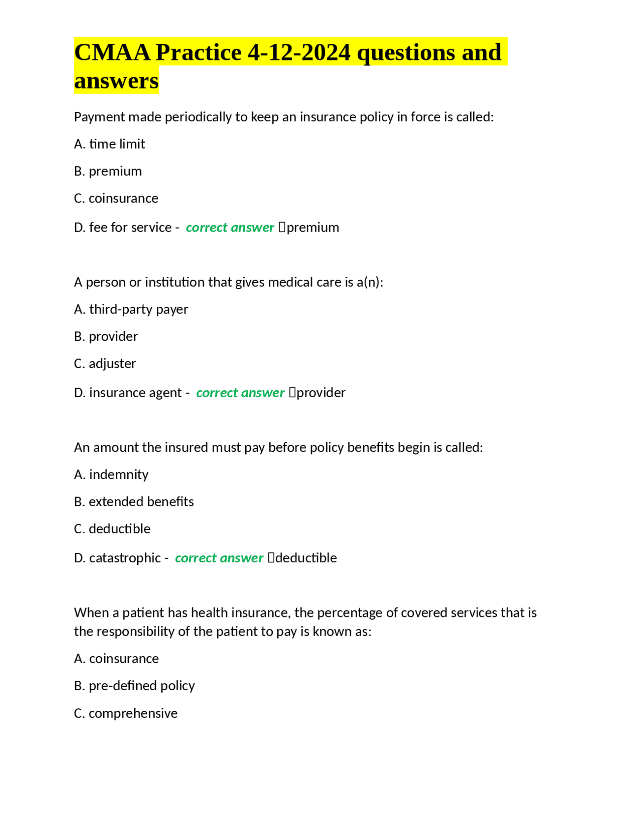 CMAA Practice 4-12-2024 questions and answers | Exercises Nursing | Docsity