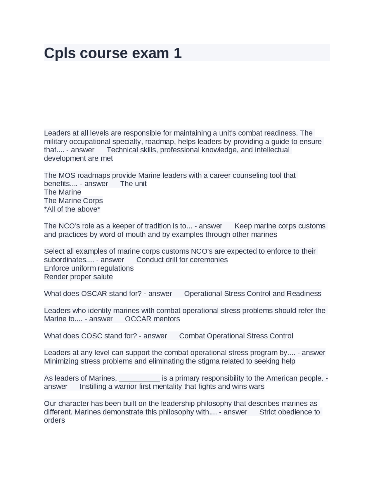 Cpls Course Exam 1: Leadership, Combat Operational Stress, and Radio ...