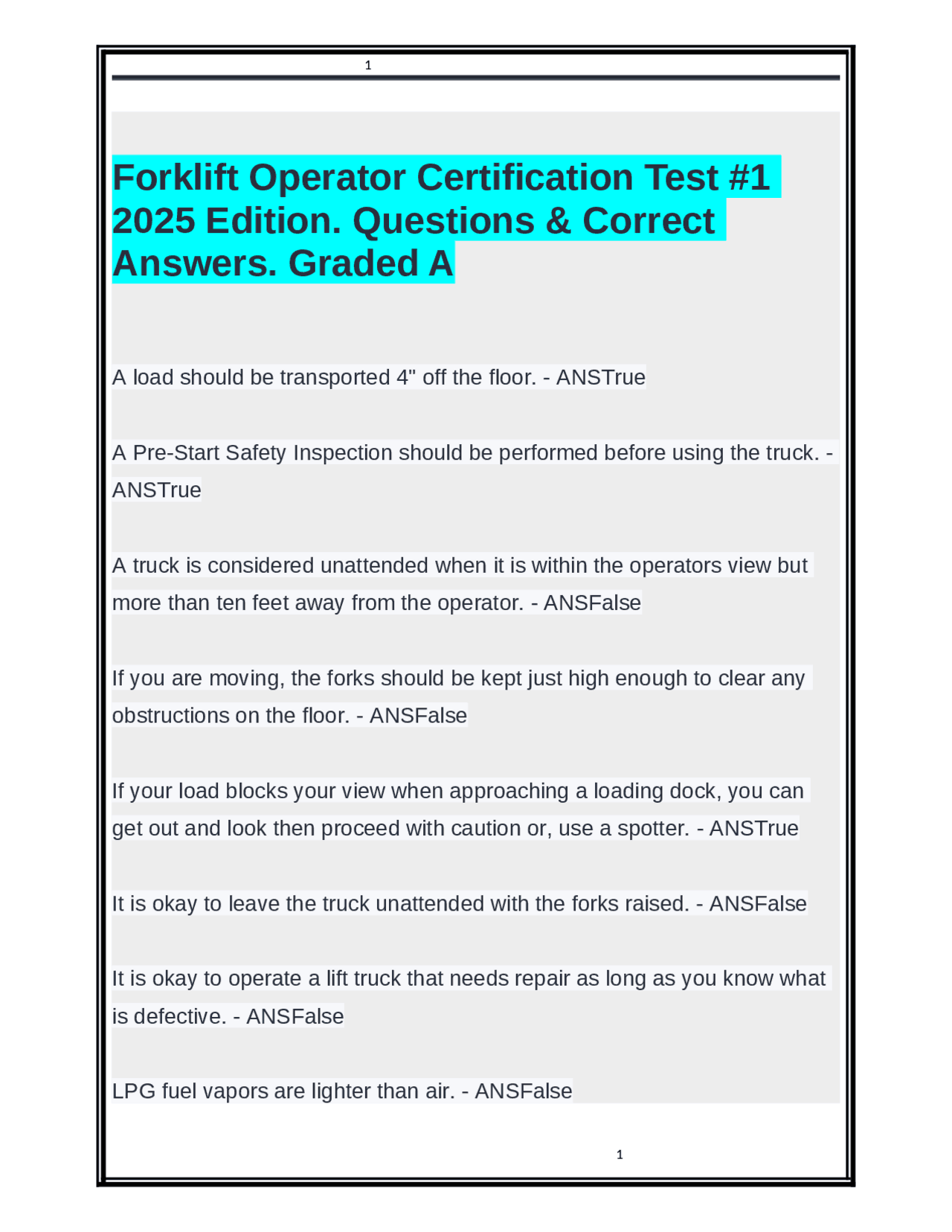 Forklift Operator Certification Test #1 2025 Edition. Questions ...