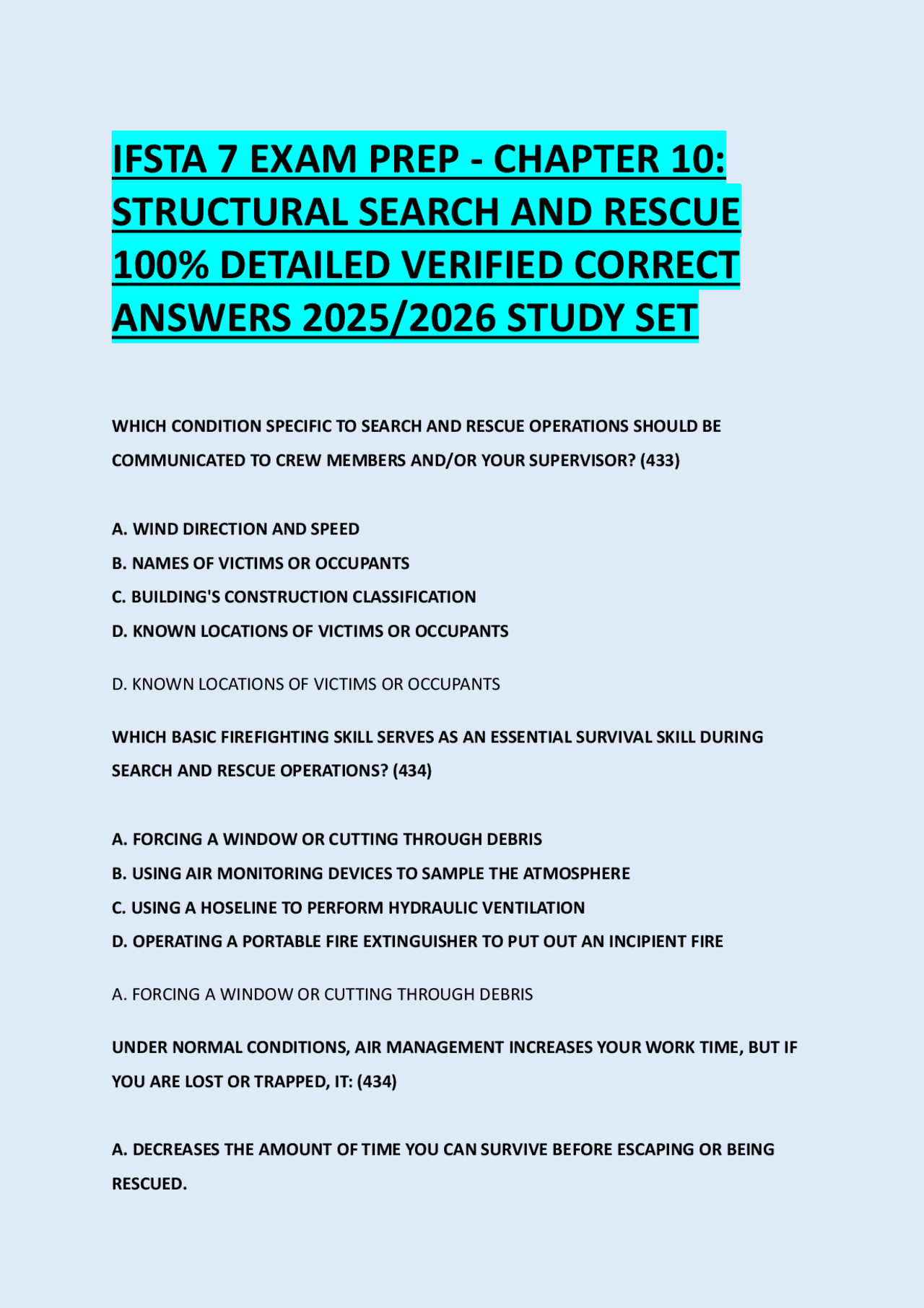 IFSTA 7 EXAM PREP - CHAPTER 10: STRUCTURAL SEARCH AND RESCUE 100% ...