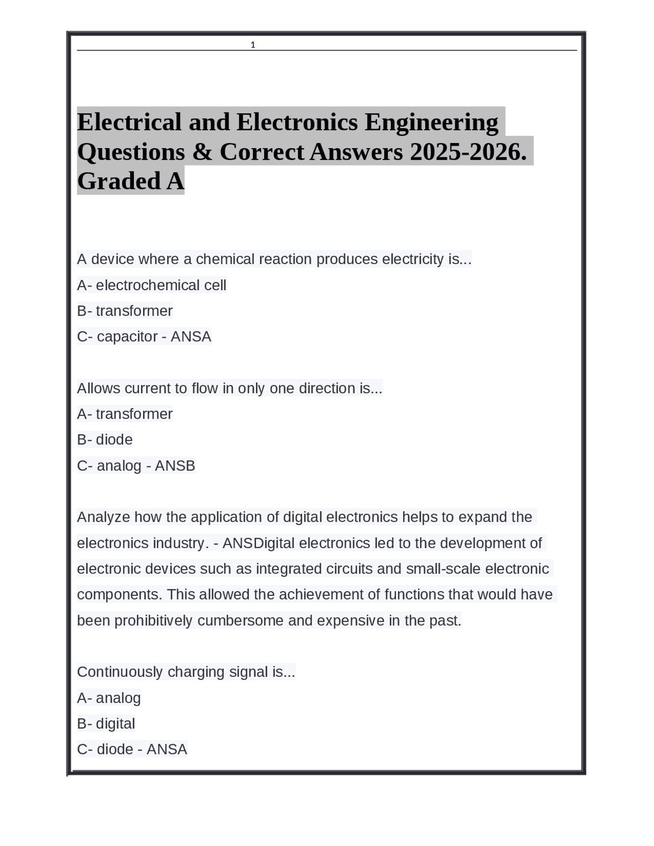 Electrical and Electronics Engineering Questions & Correct Answers 2025 ...