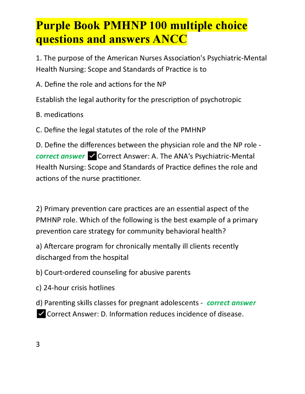 Purple Book PMHNP 100 multiple choice questions and answers ANCC ...