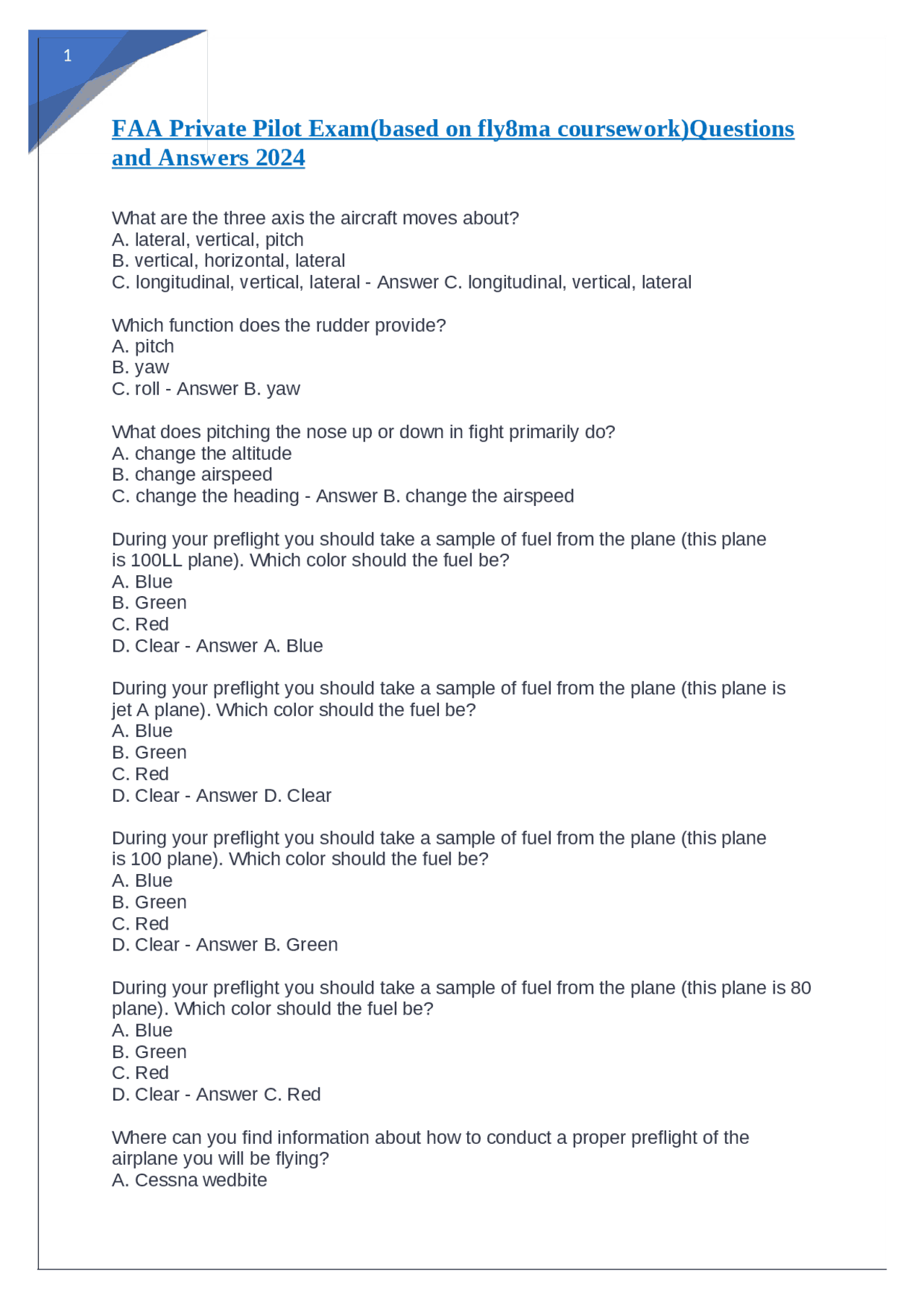 FAA Private Pilot Exam (Based on fly8ma Coursework) Questions and ...