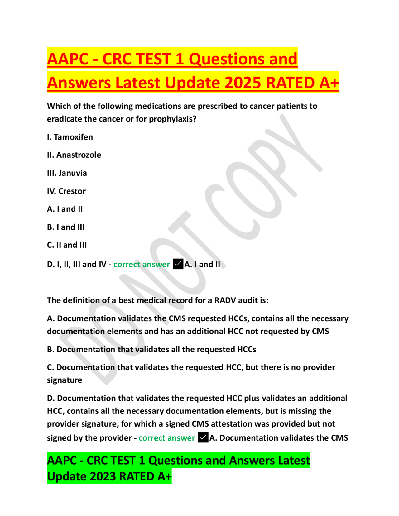 AAPC - CRC TEST 1 Questions and Answers Latest Update 2025 RATED A+ ...