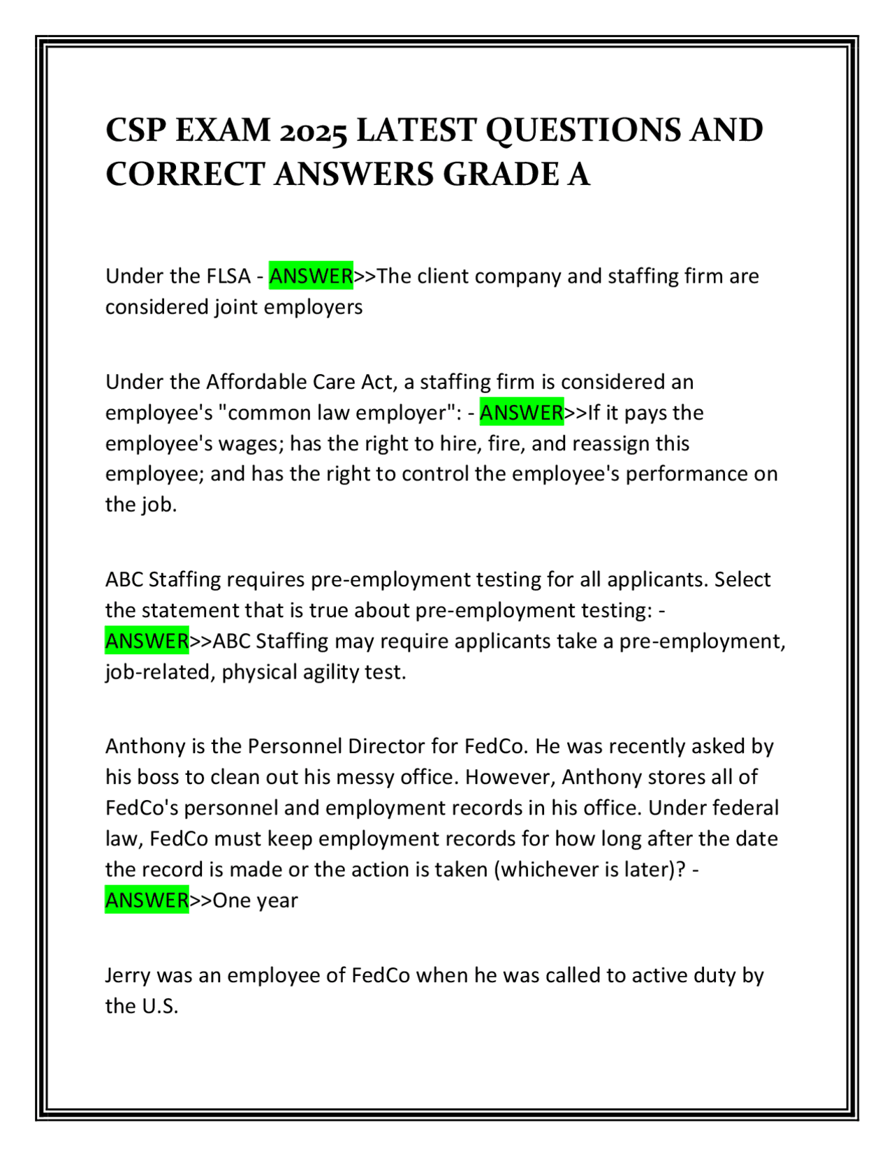 CSP EXAM 2025 LATEST QUESTIONS AND CORRECT ANSWERS GRADE A | Exams ...