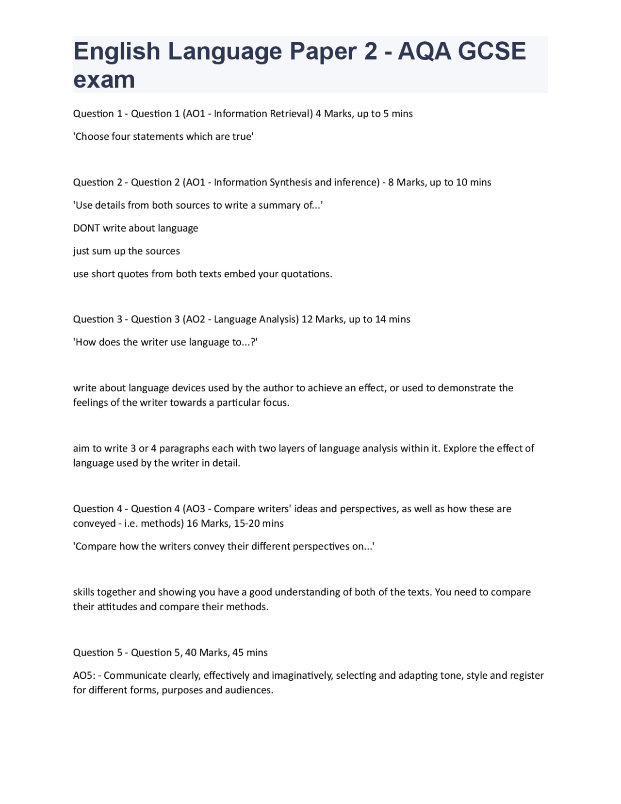 English Language Paper 2 - AQA GCSE exam | Exams English Language | Docsity