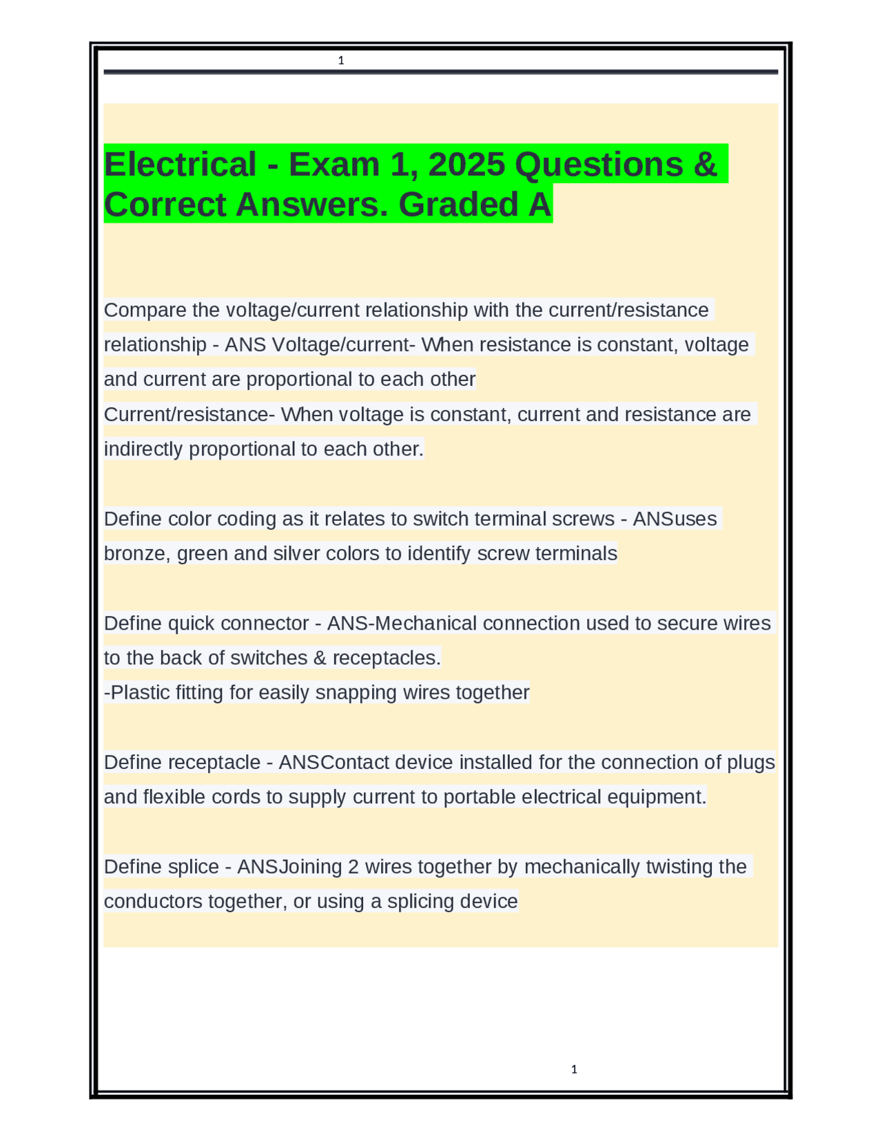 Electrical - Exam 1, 2025 Questions & Correct Answers. Graded A | Exams ...