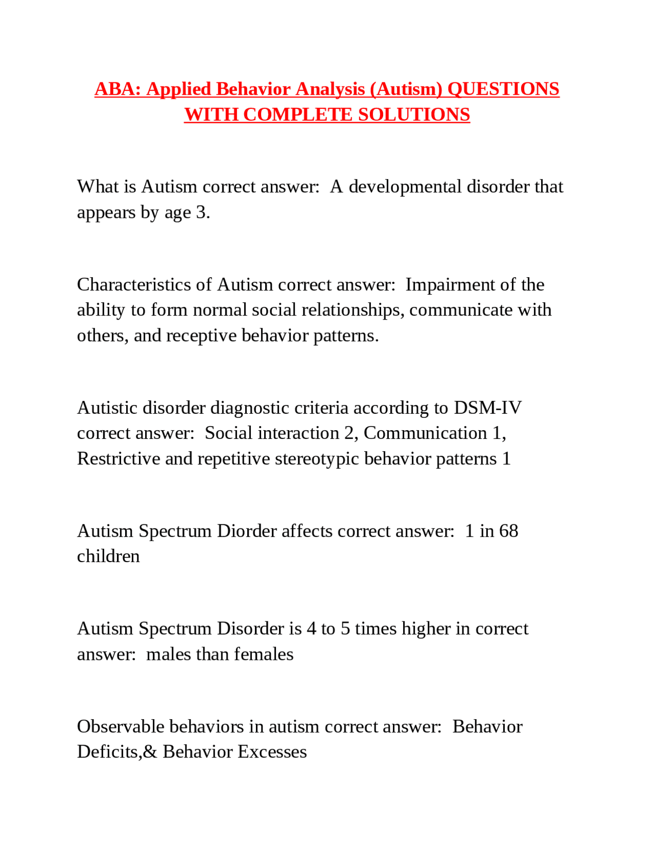 ABA: Applied Behavior Analysis (Autism) QUESTIONS WITH COMPLETE ...