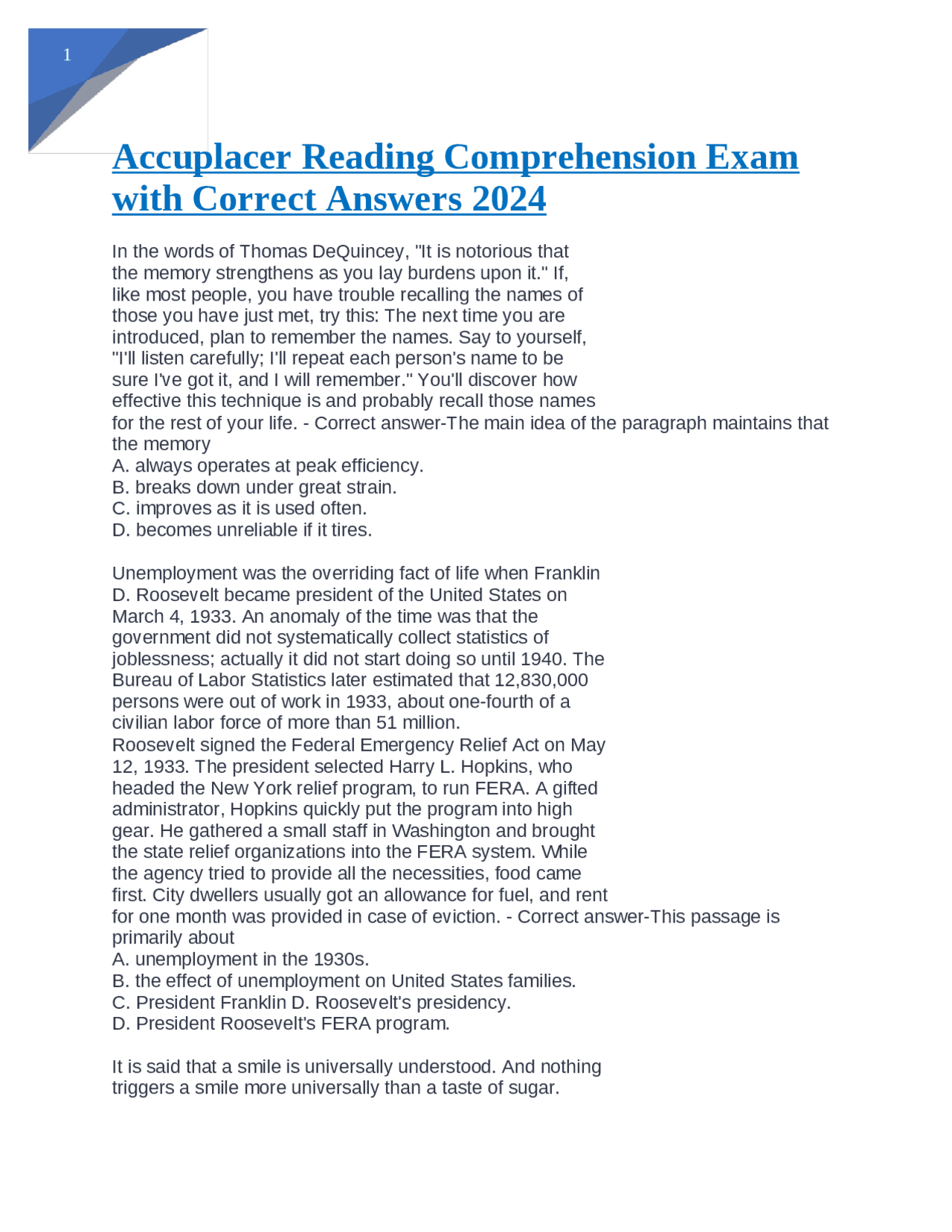 Accuplacer Reading Comprehension Exam with Correct Answers 2024 | Exams ...