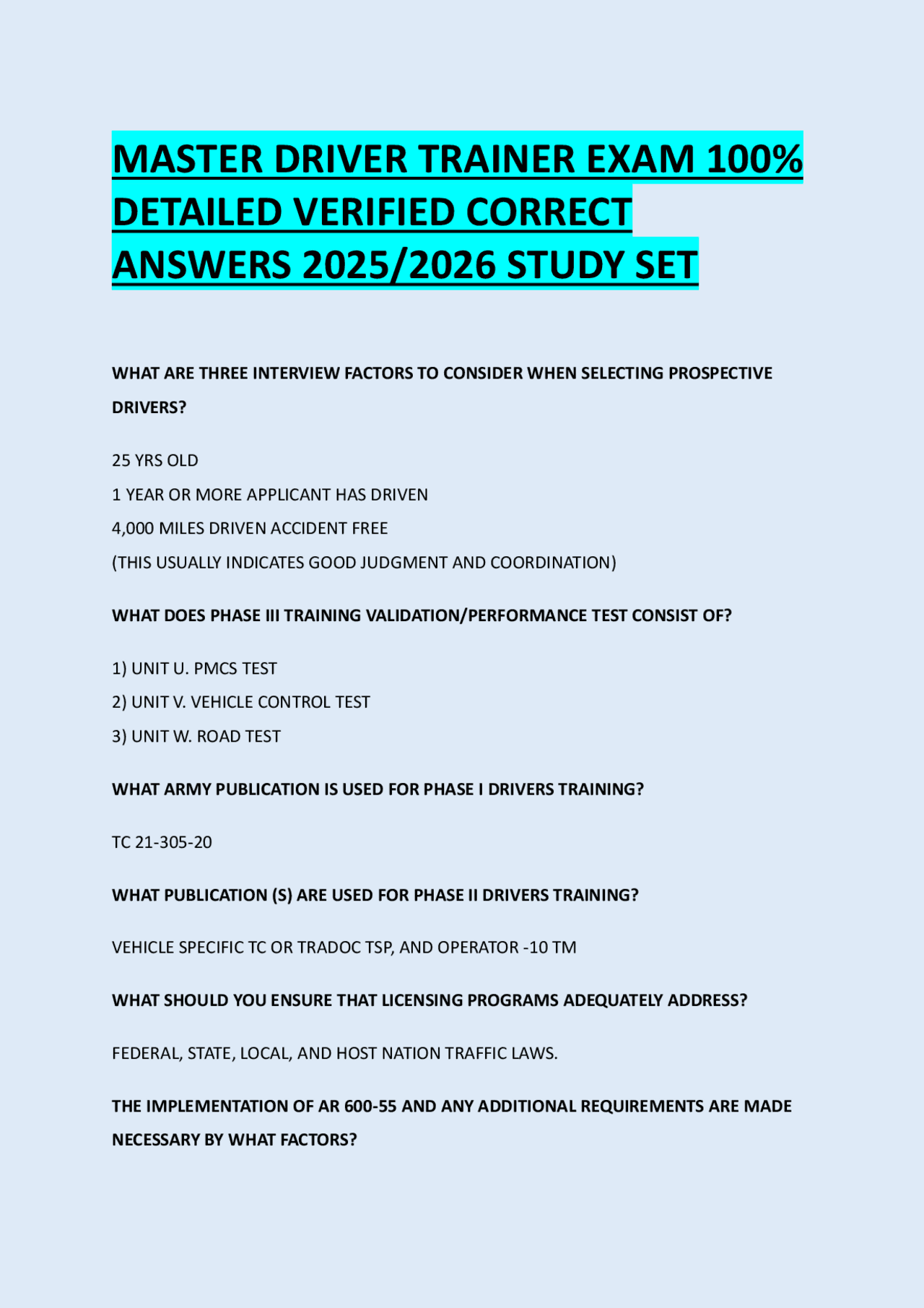 MASTER DRIVER TRAINER EXAM 100% DETAILED VERIFIED CORRECT ANSWERS 2025/ ...