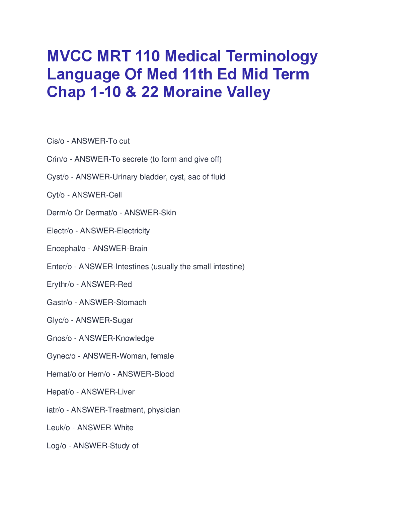 MVCC MRT 110 Medical Terminology Language Of Med 11th Ed Mid Term Chap ...