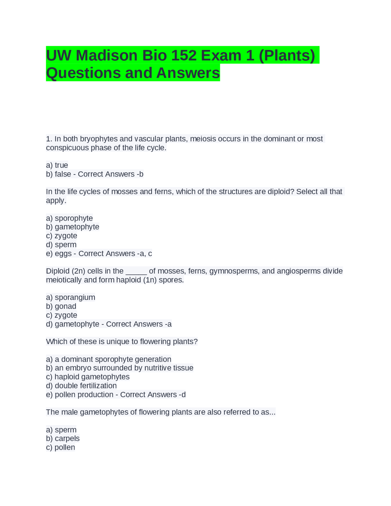 UW Madison Bio 152 Exam 1 (Plants) Questions and Answers | Latest ...