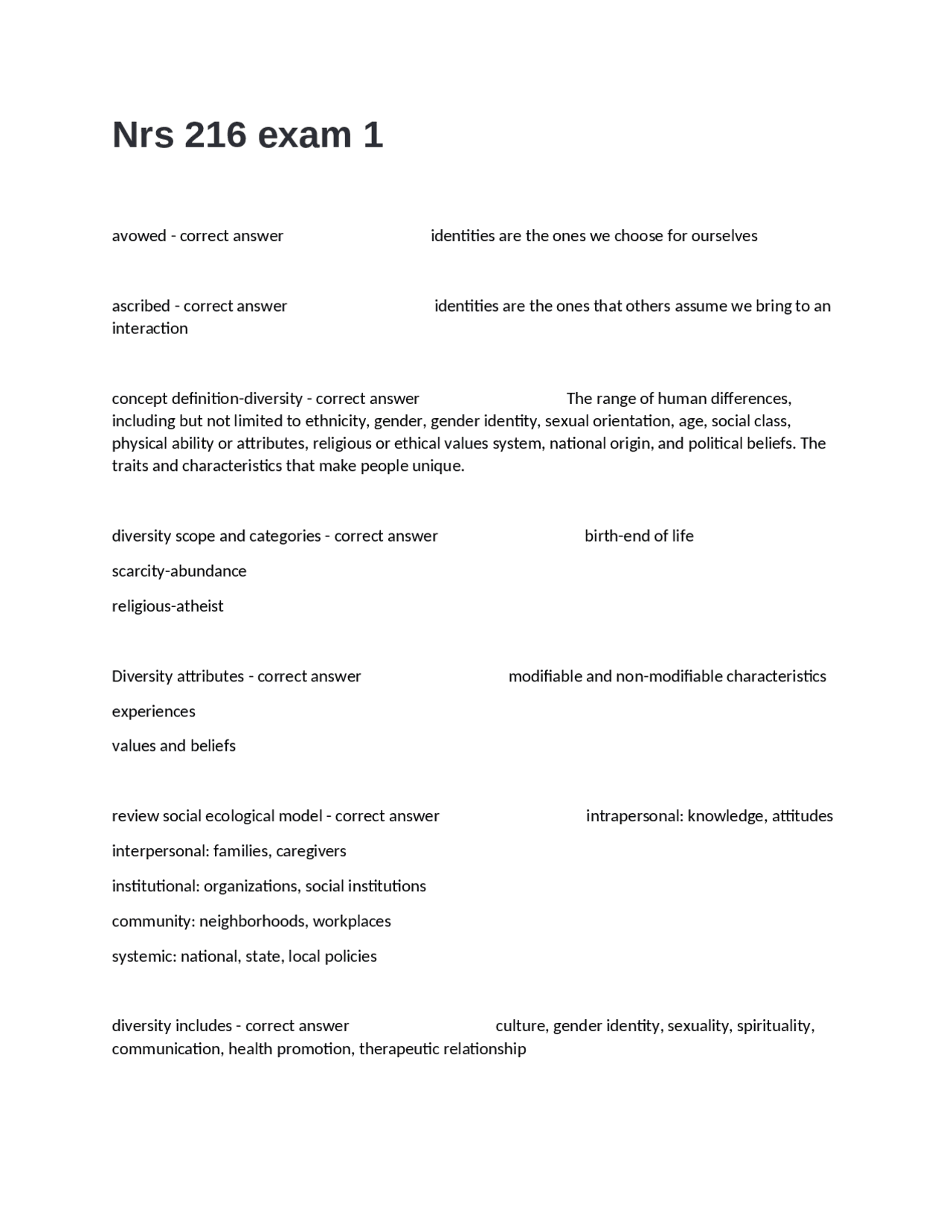Nrs 216 Exam 1: Diversity, Culture, and Social Determinants of Health ...
