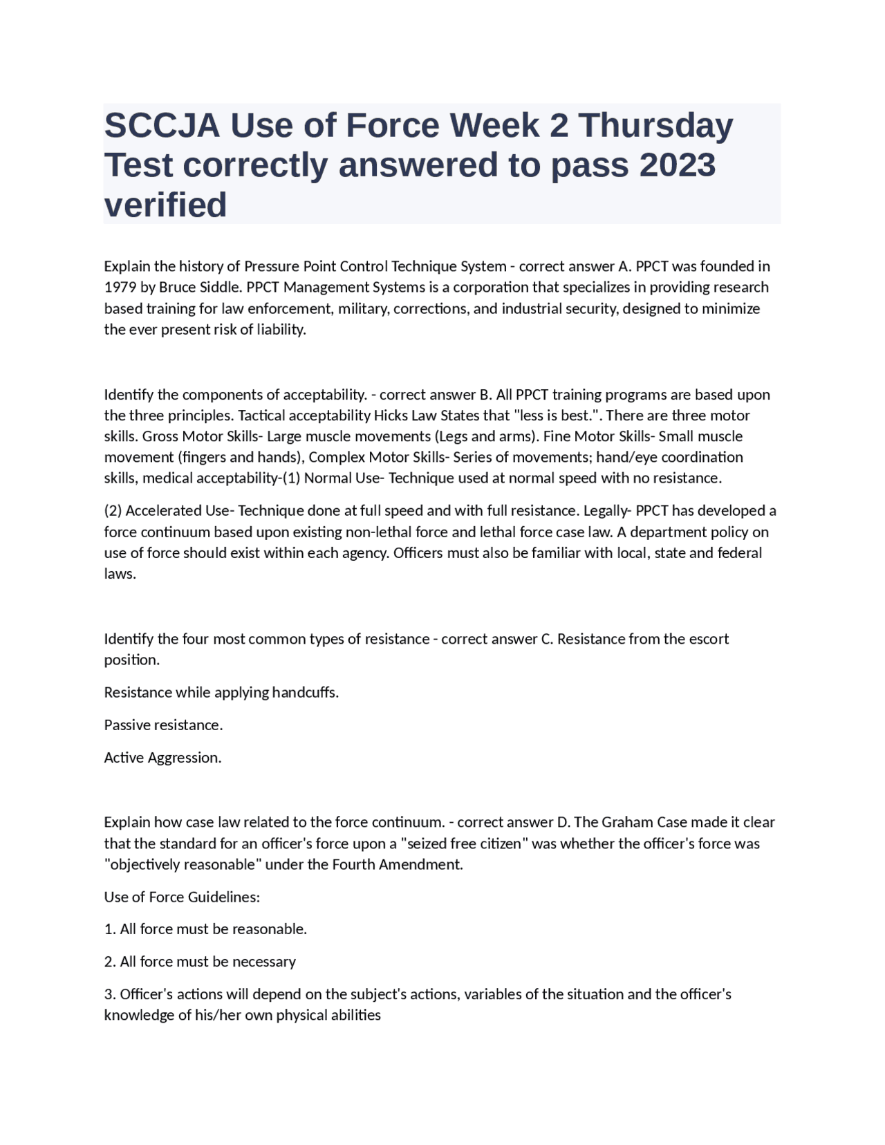 SCCJA Use of Force Week 2 Thursday Test correctly answered to pass 2023 ...
