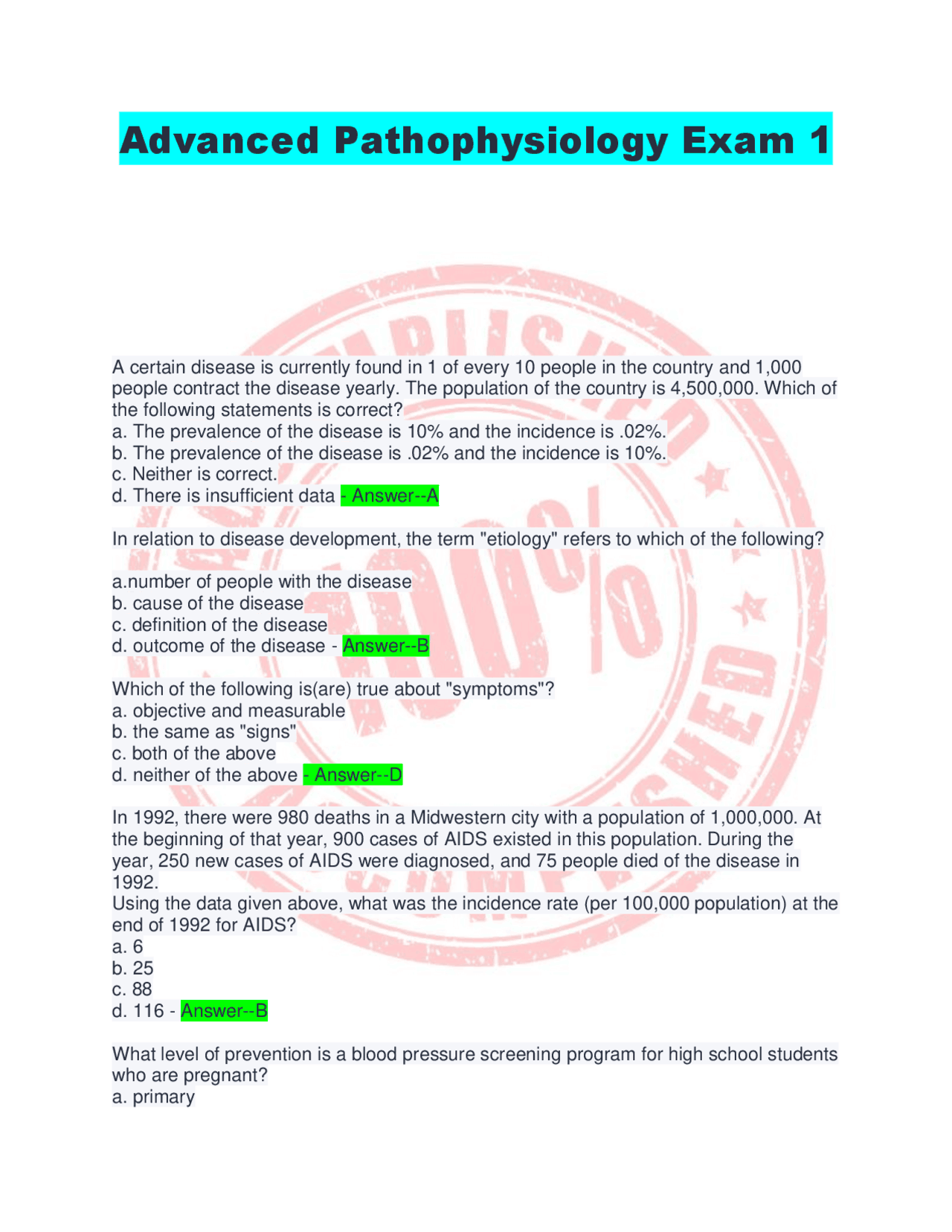 Advanced Pathophysiology Exam 1 | Exams Nursing | Docsity