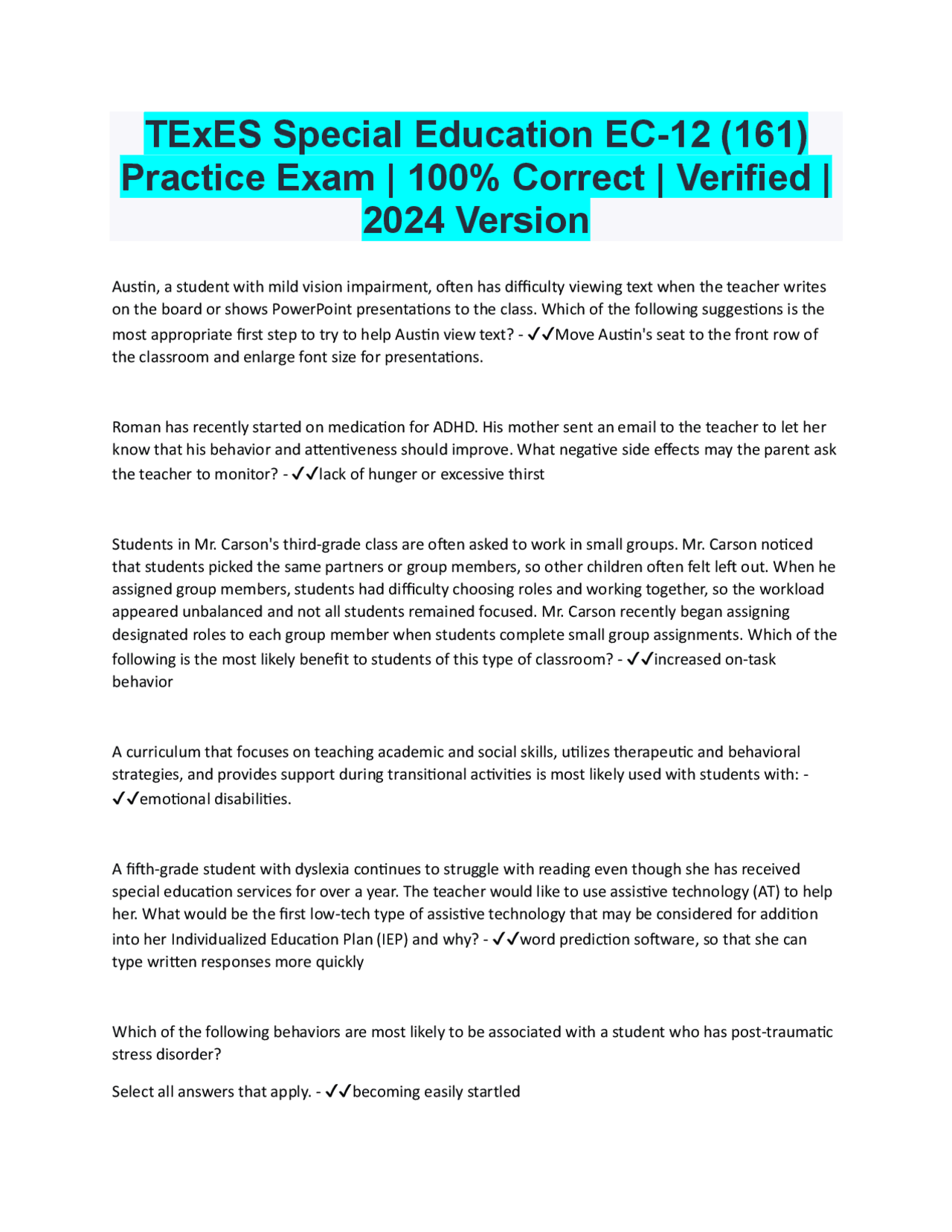 TExES Special Education EC-12 (161) Practice Exam | 100% Correct | 2025 ...