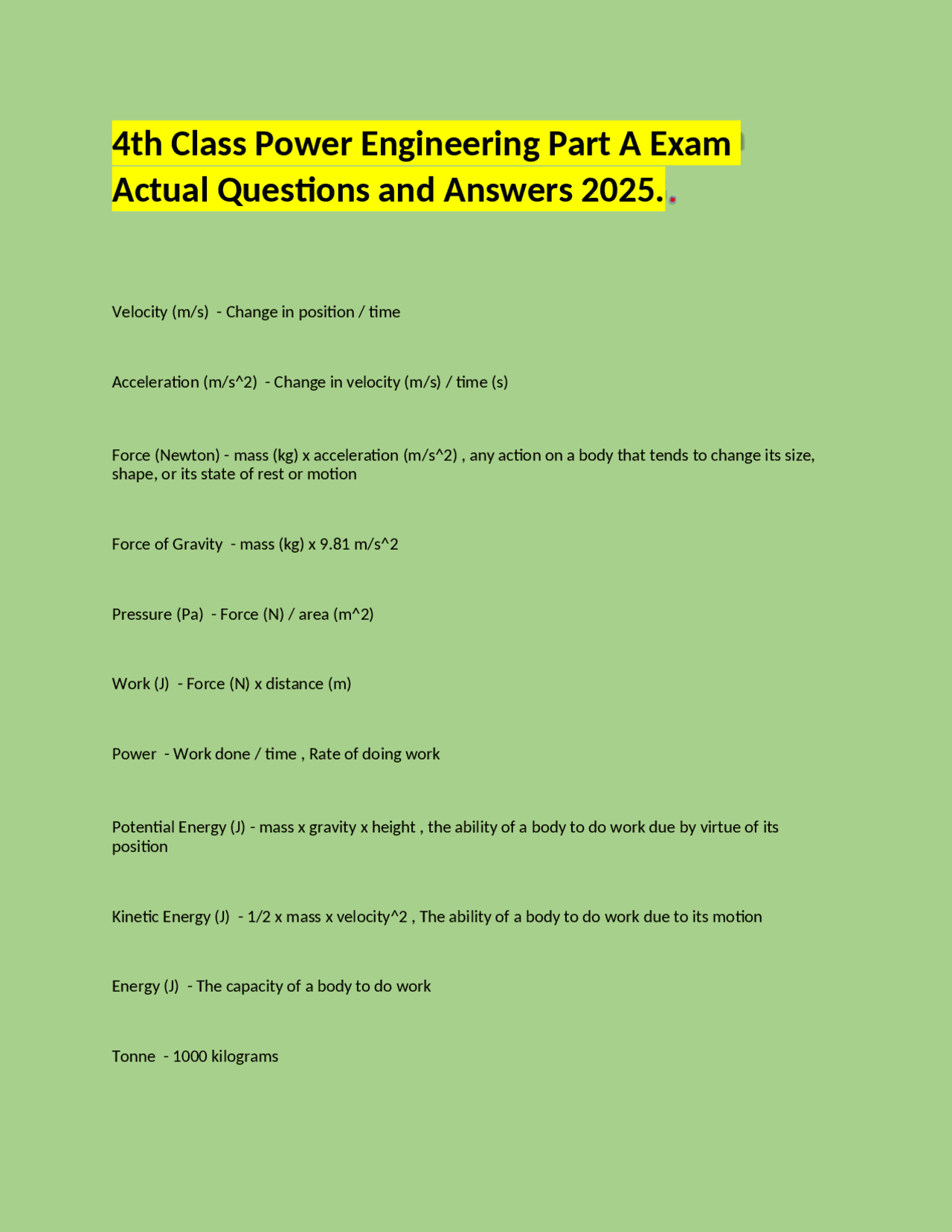 4th Class Power Engineering Part A Exam Actual Questions and Answers ...
