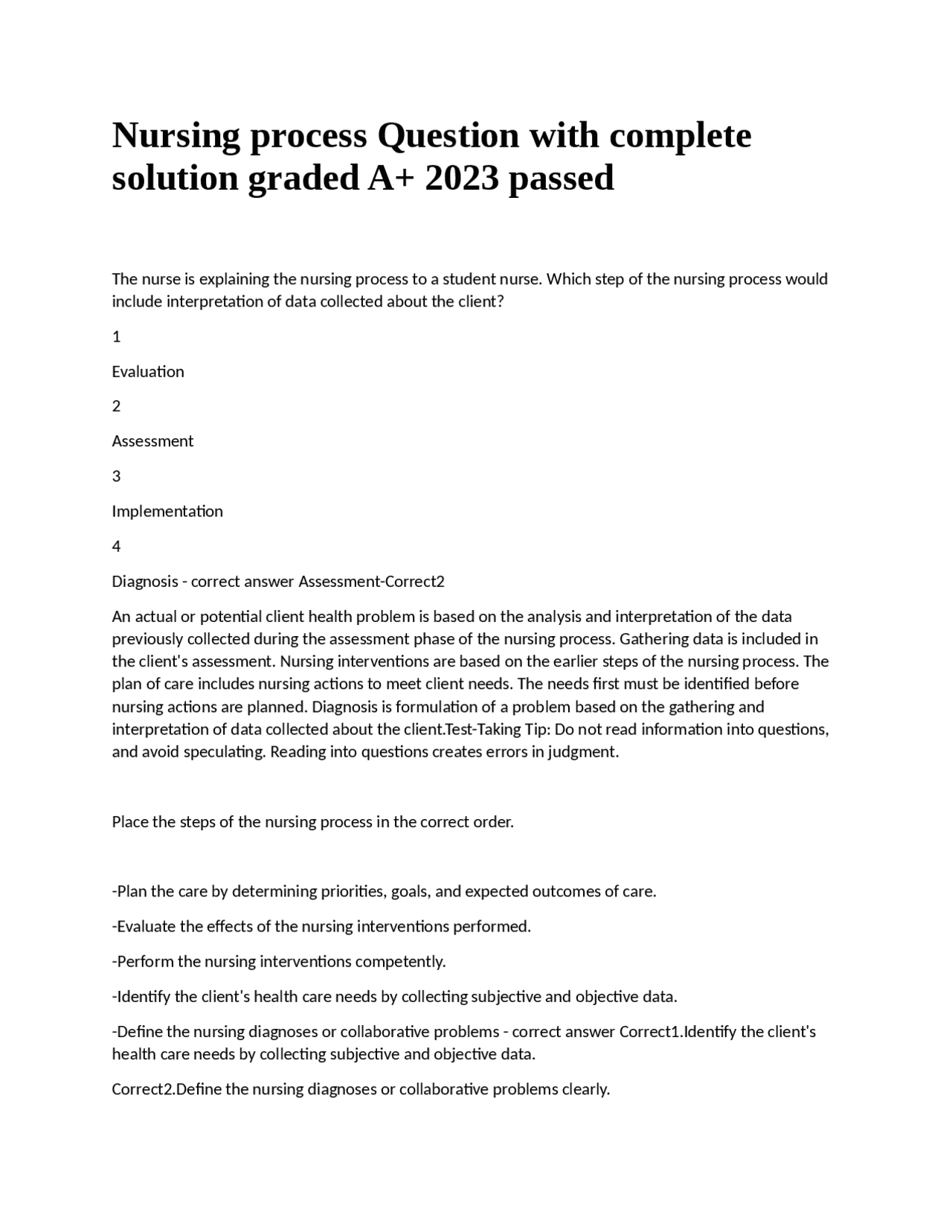 Nursing process Question with complete solution graded A.docx | Exams ...