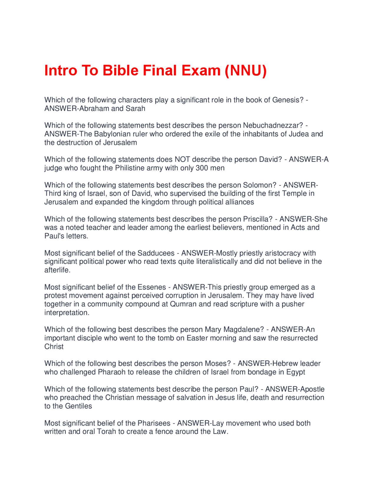 Intro To Bible Final Exam (NNU) Questions With 100% Correct Solutions ...