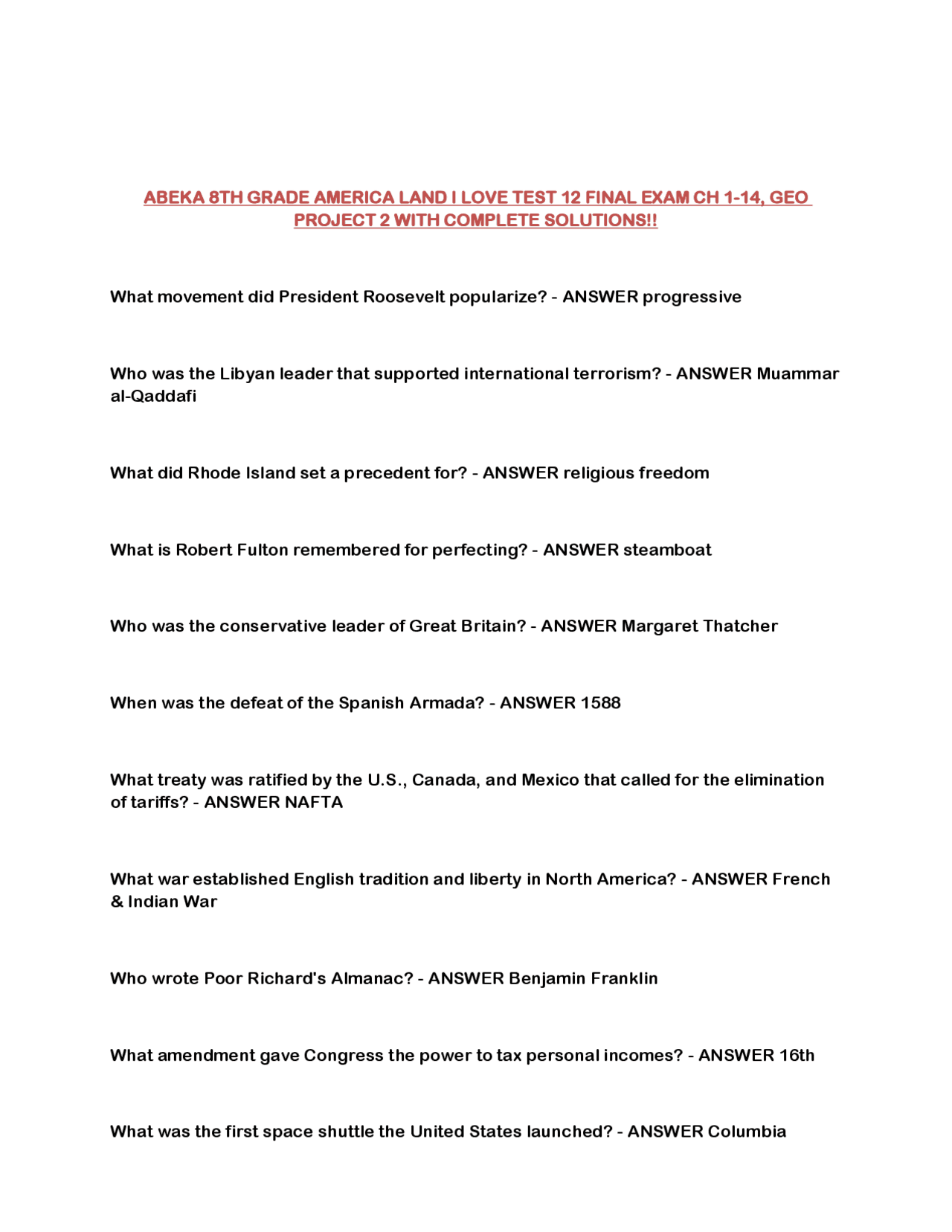 ABEKA 8TH GRADE AMERICA LAND I LOVE TEST 12 FINAL EXAM CH 1-14, GEO ...