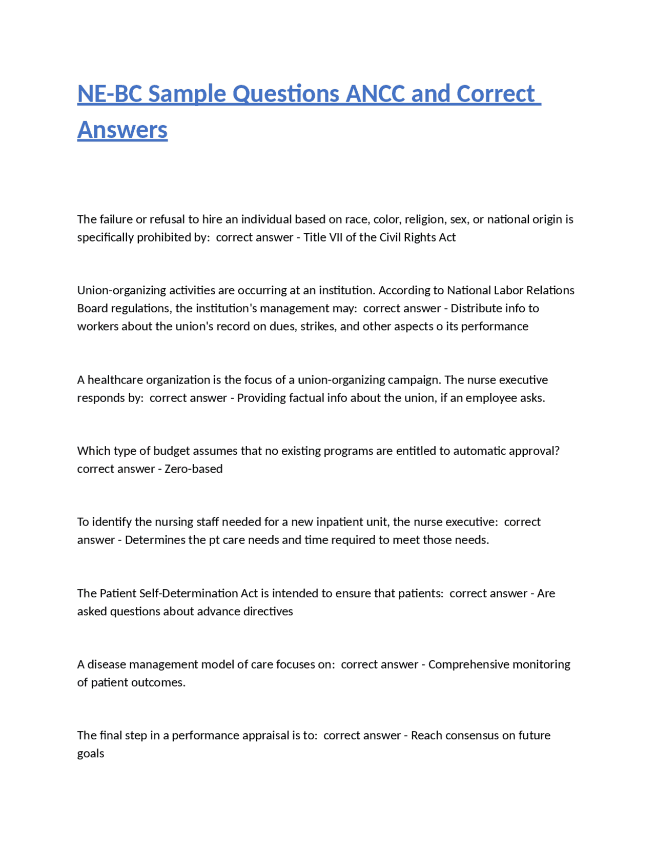 NE-BC Sample Questions ANCC and Correct Answers | Exams Nursing | Docsity