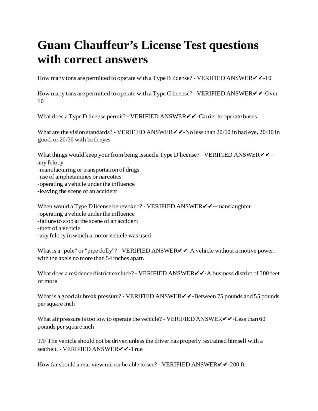 Guam Chauffeur's License Test Questions and Answers | Exams Nursing ...