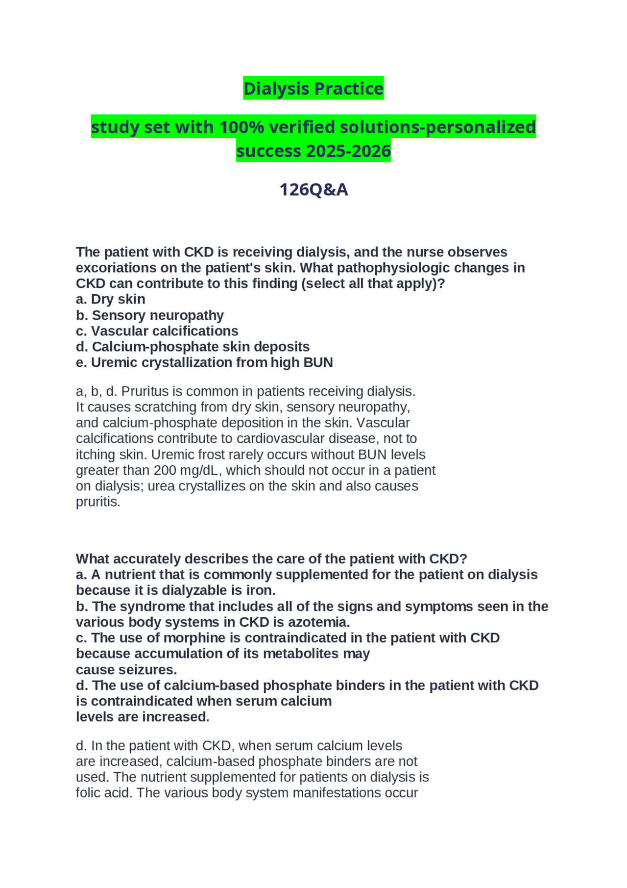 Dialysis Practice study set with 100% verified solutions-personalized ...