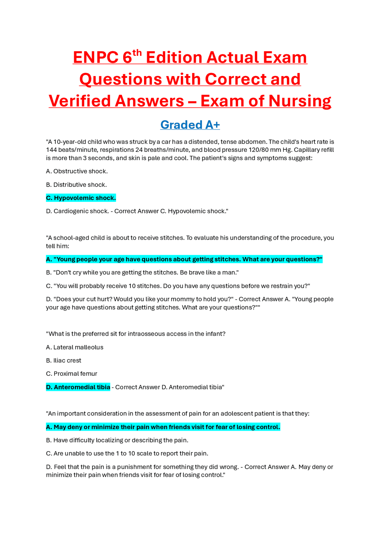 ENPC 6th Edition Actual Exam Questions with Correct and Verified ...