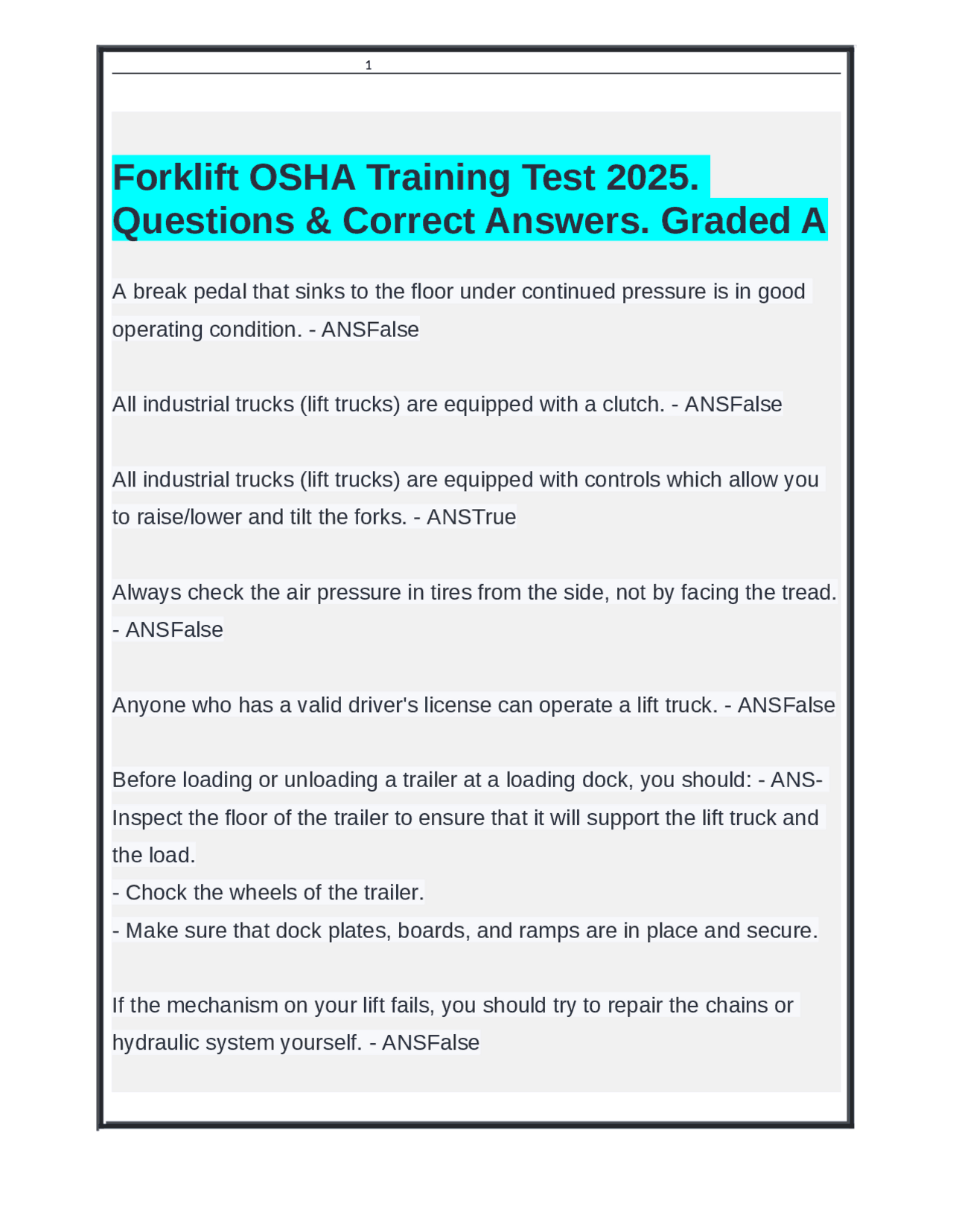 Forklift OSHA Training Test 2025. Questions & Correct Answers. Graded A ...