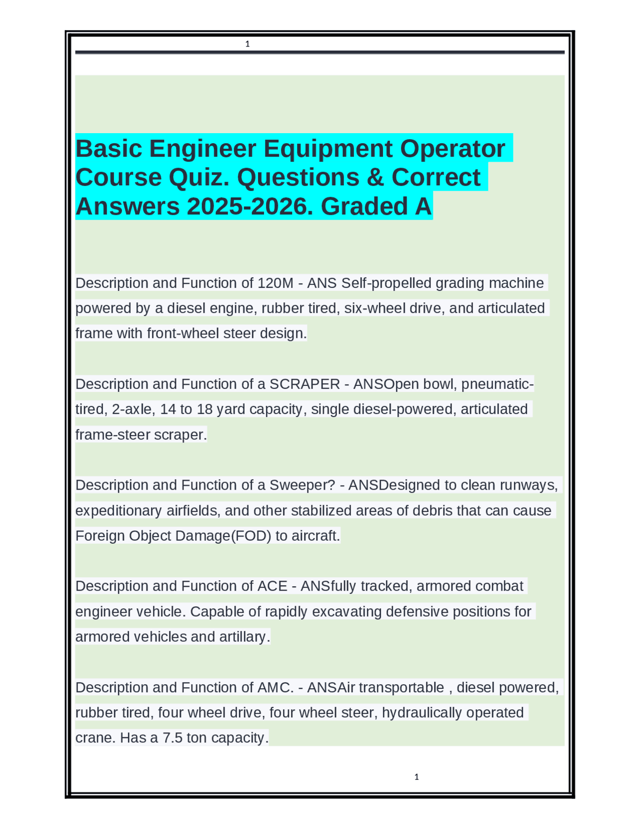 Basic Engineer Equipment Operator Course Quiz. Questions & Correct Answers 2025-2026. | Exams ...