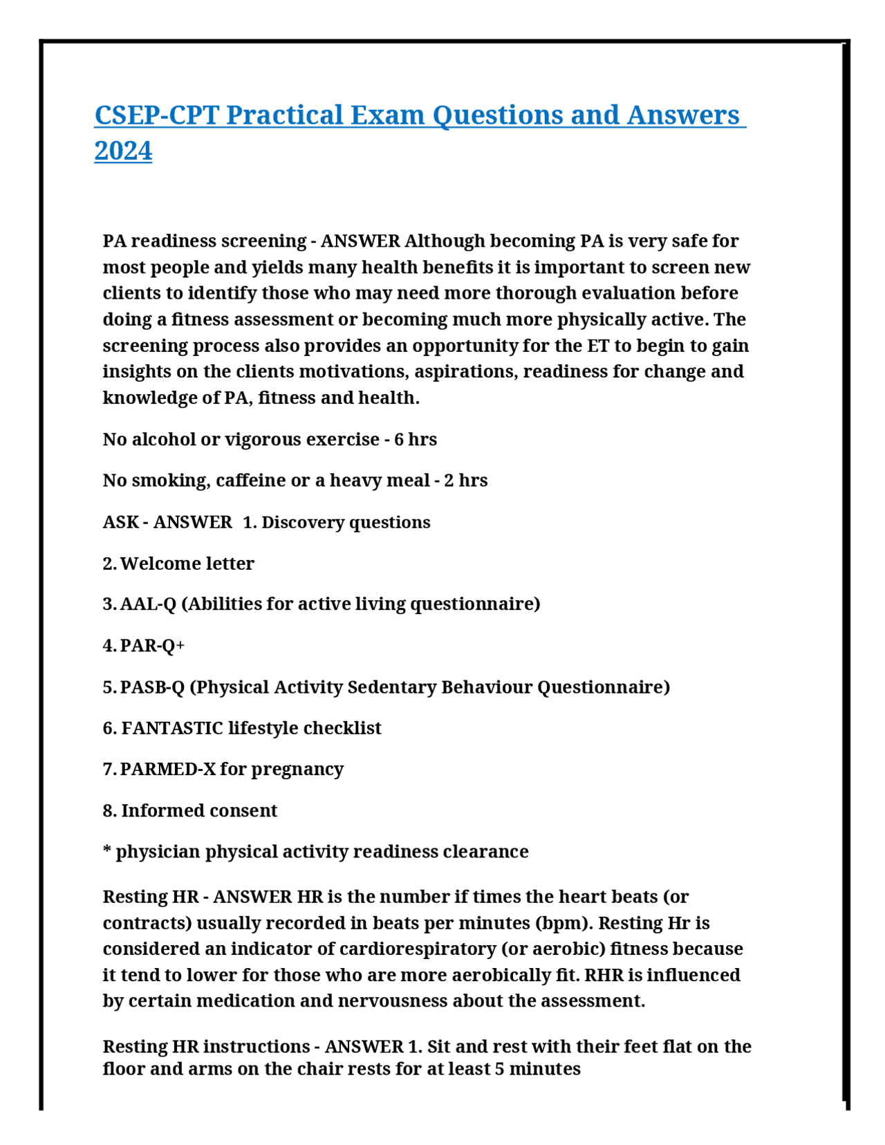 Csep Cpt Practical Exam Questions And Answers Exams Nursing Docsity