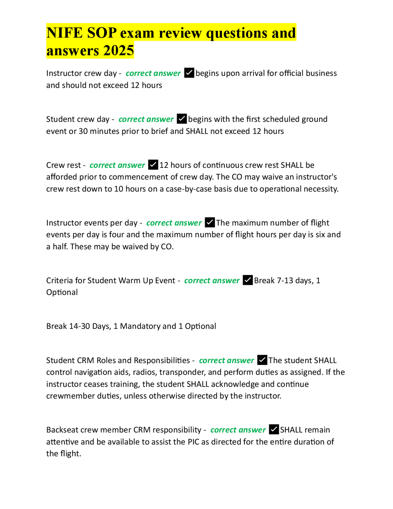 NIFE SOP exam review questions and answers 2025. | Exams Nursing | Docsity