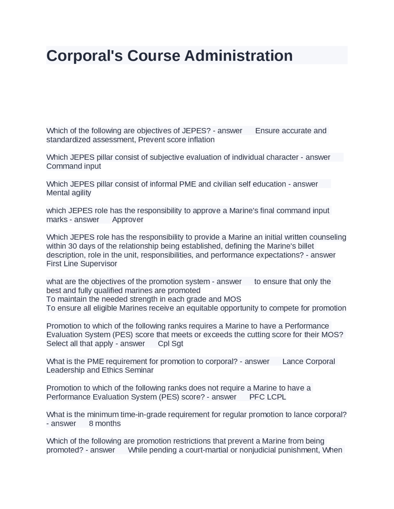 Corporal's Course Administration Questions and Answers 100% Correct ...