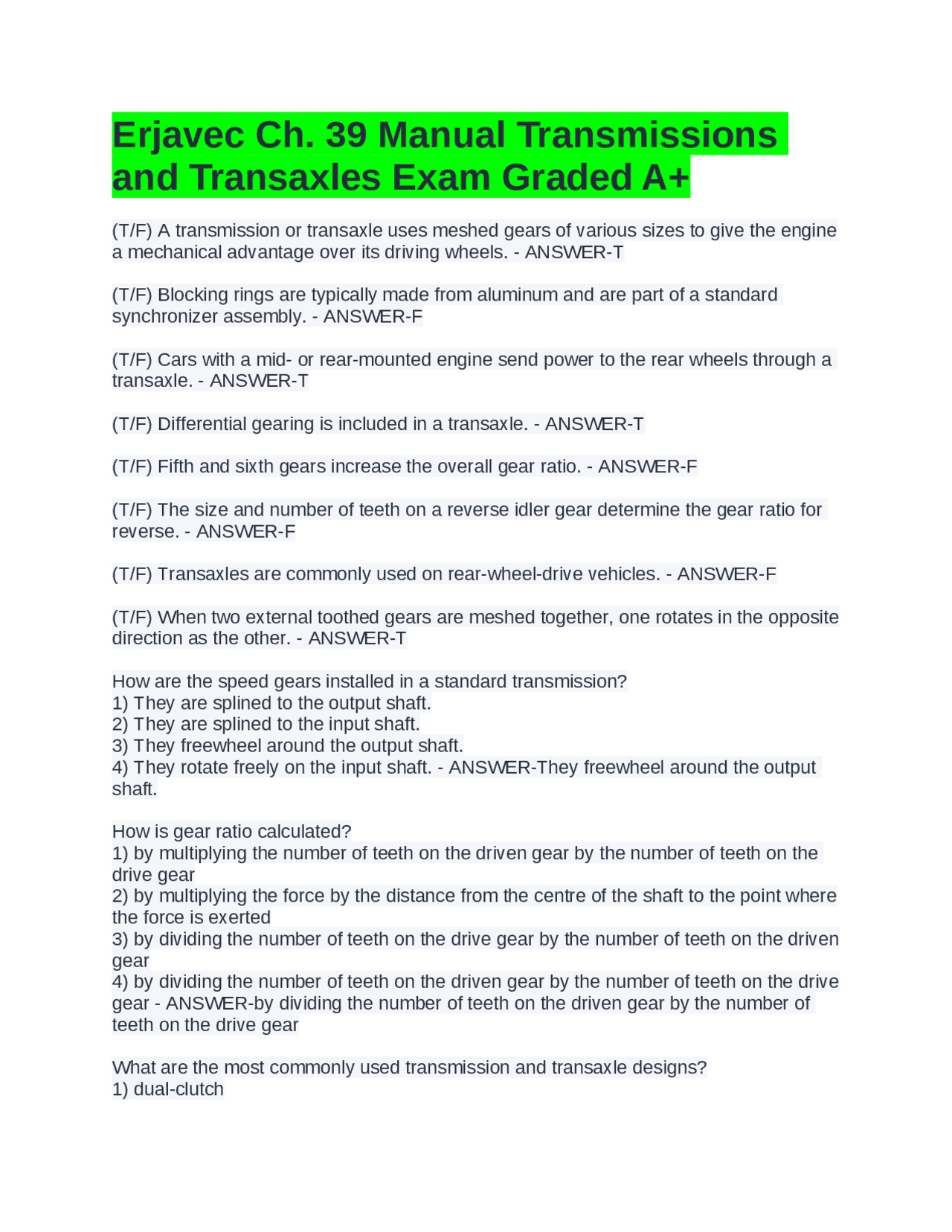 Erjavec Ch. 39 Manual Transmissions and Transaxles | Exams Engineering | Docsity