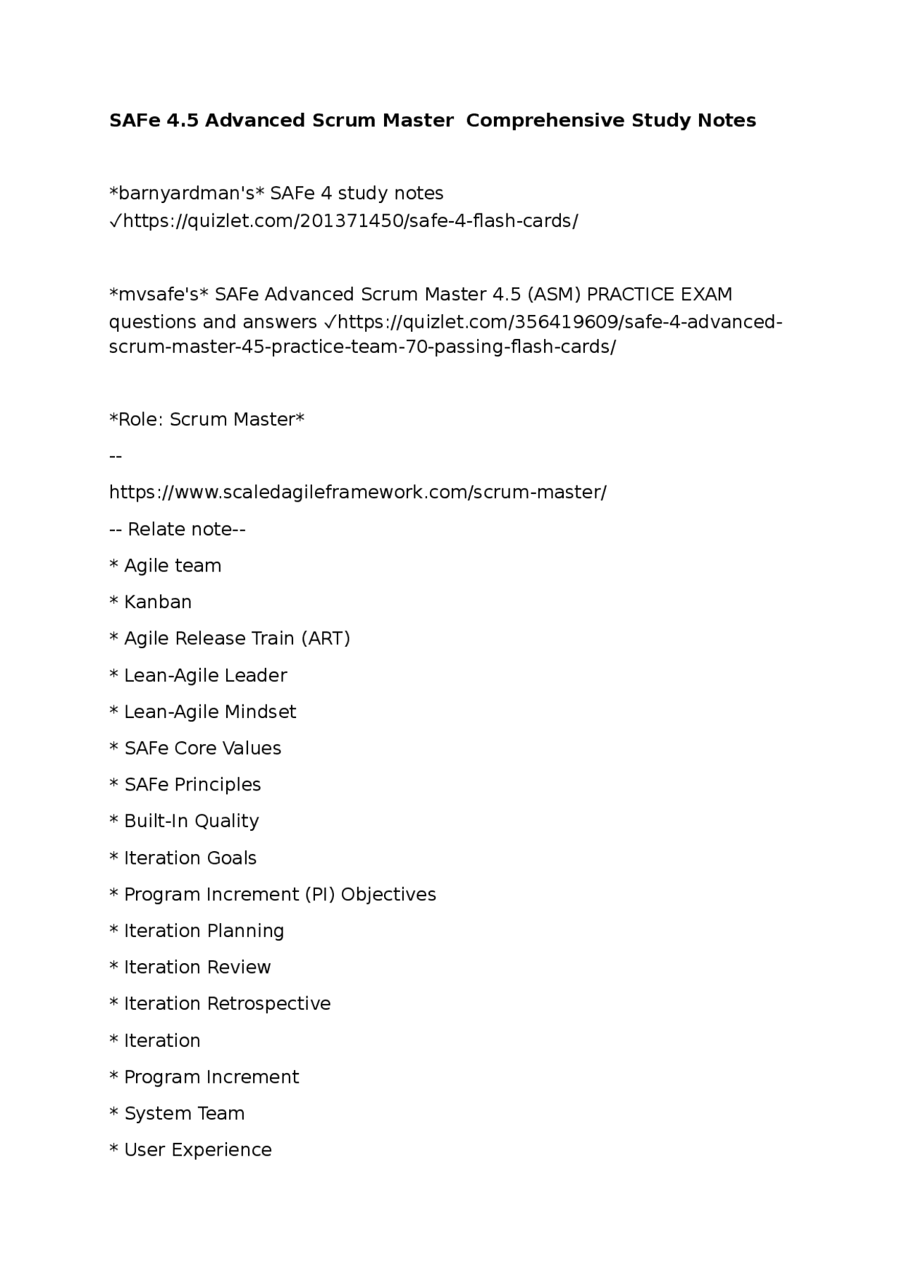 SAFe 4.5 Advanced Scrum Master Comprehensive Study Notes | Study notes ...