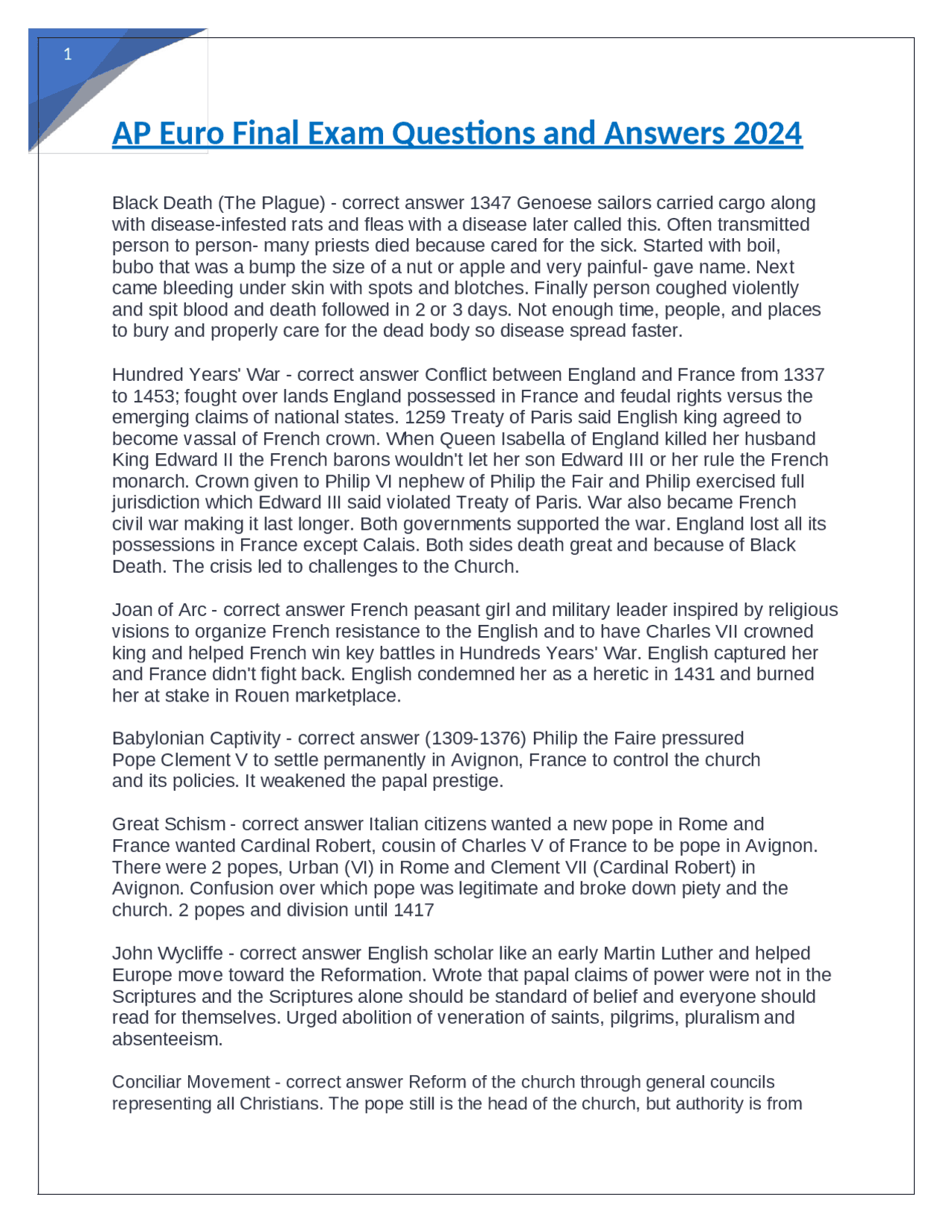 AP Euro Final Exam Questions and Answers | Exams Nursing | Docsity