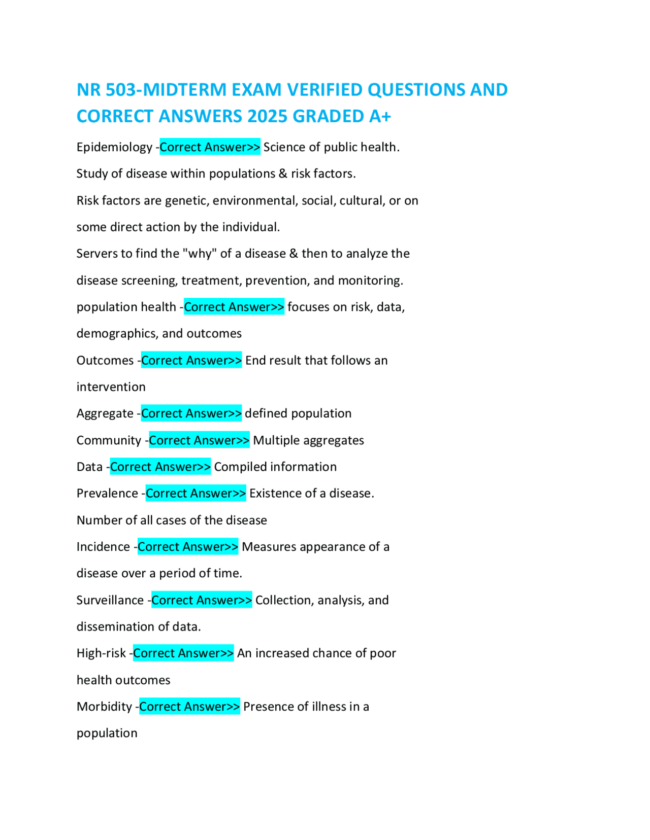 NR 503-MIDTERM EXAM VERIFIED QUESTIONS AND CORRECT ANSWERS 2025 GRADED A+ | Exams Nursing | Docsity