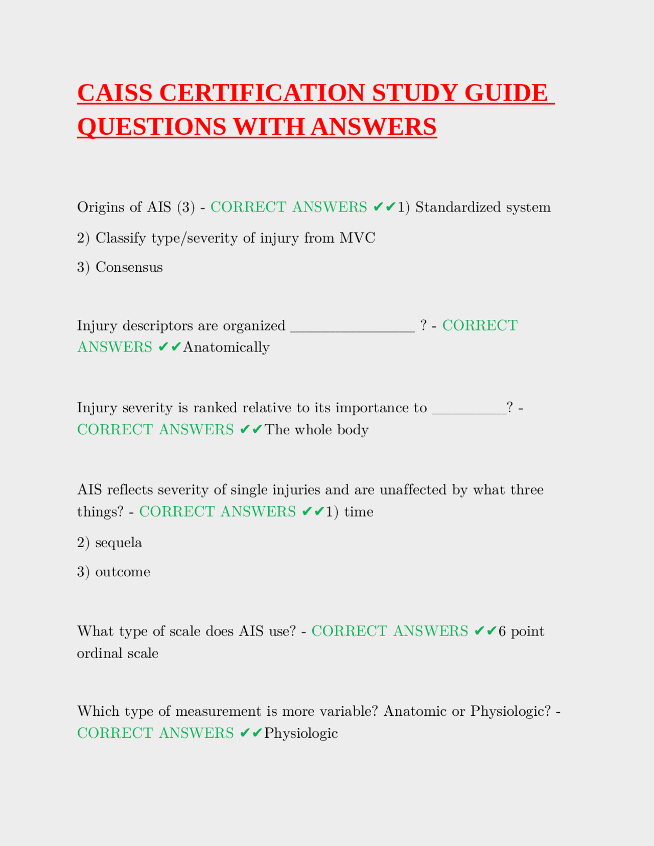 CAISS Certification Study Guide: Questions and Answers | Exams Nursing ...