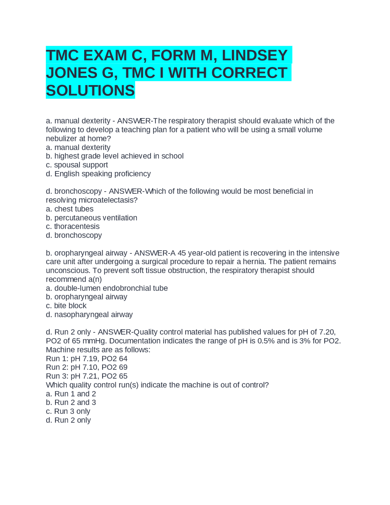 TMC EXAM C, FORM M, LINDSEY JONES G, TMC I WITH CORRECT SOLUTIONS ...