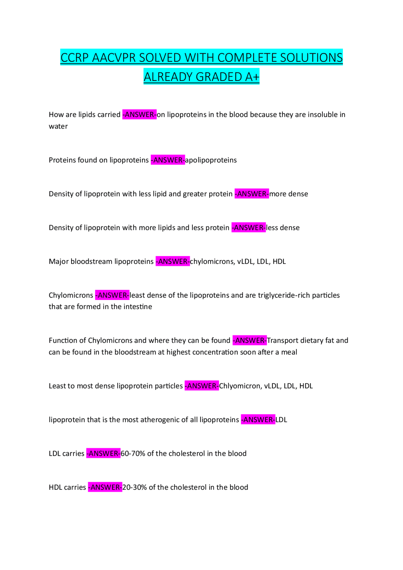 CCRP AACVPR SOLVED WITH COMPLETE SOLUTIONS ALREADY GRADED A+ | Exams ...