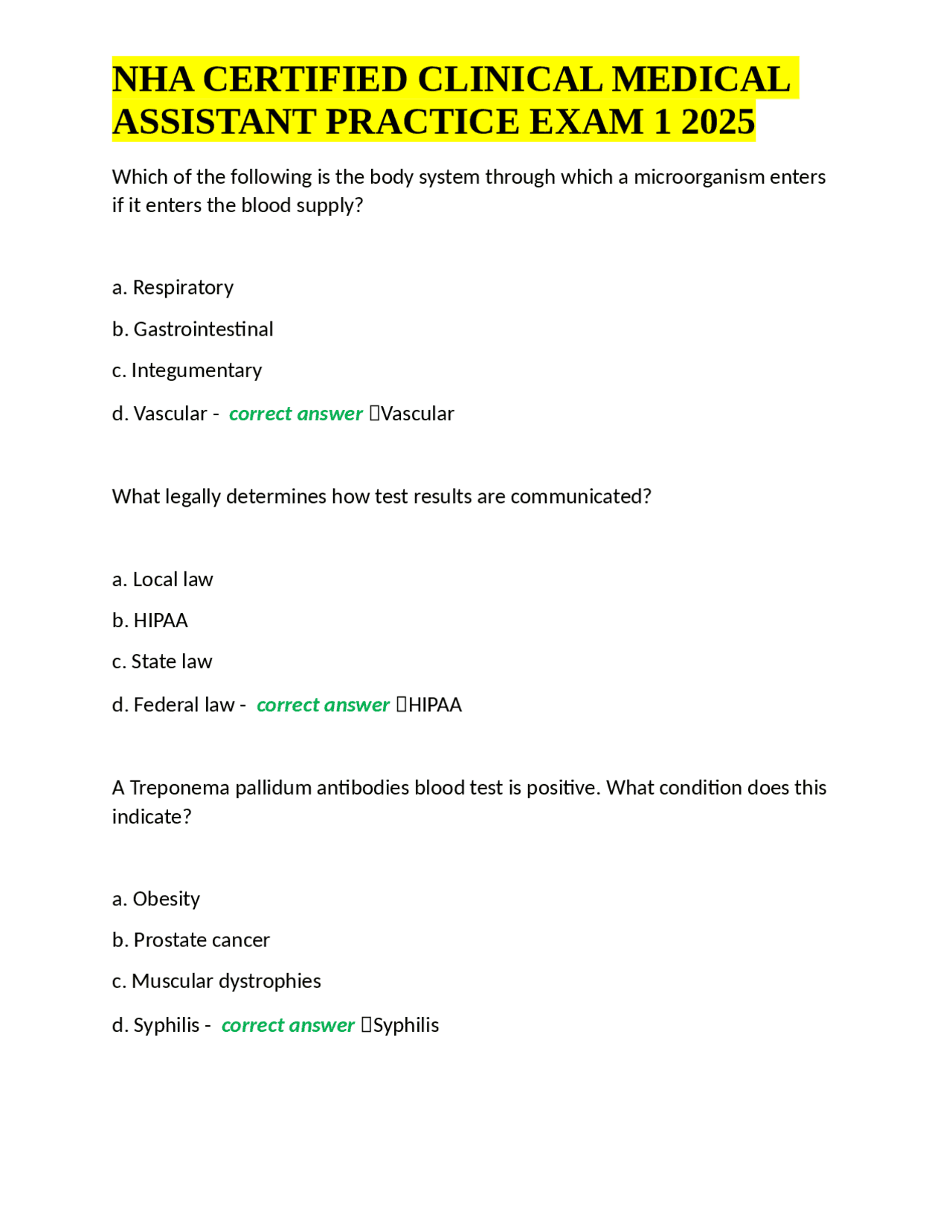 NHA CERTIFIED CLINICAL MEDICAL ASSISTANT PRACTICE EXAM 1 2025 ...