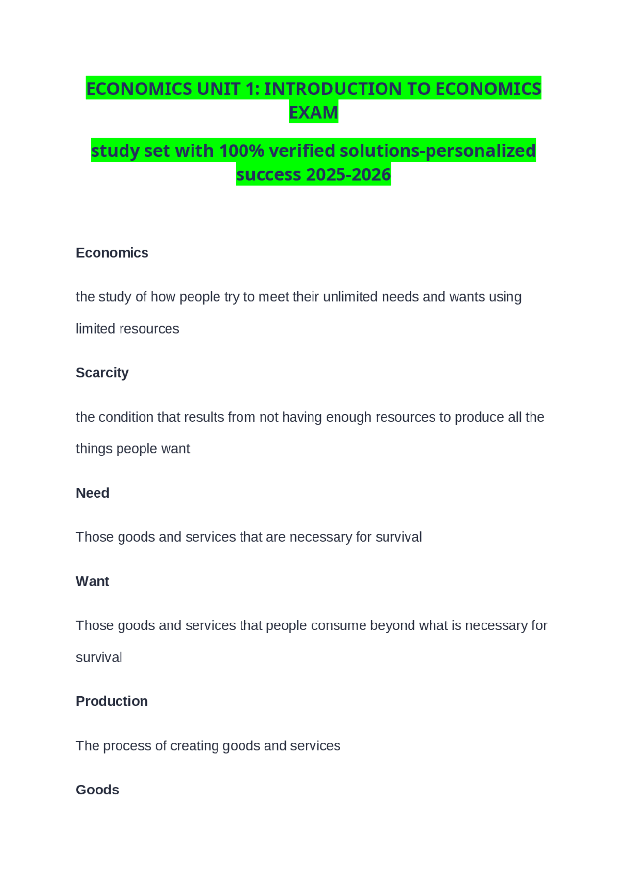 ECONOMICS UNIT 1- INTRODUCTION TO ECONOMICS EXAM study set with 100% ...