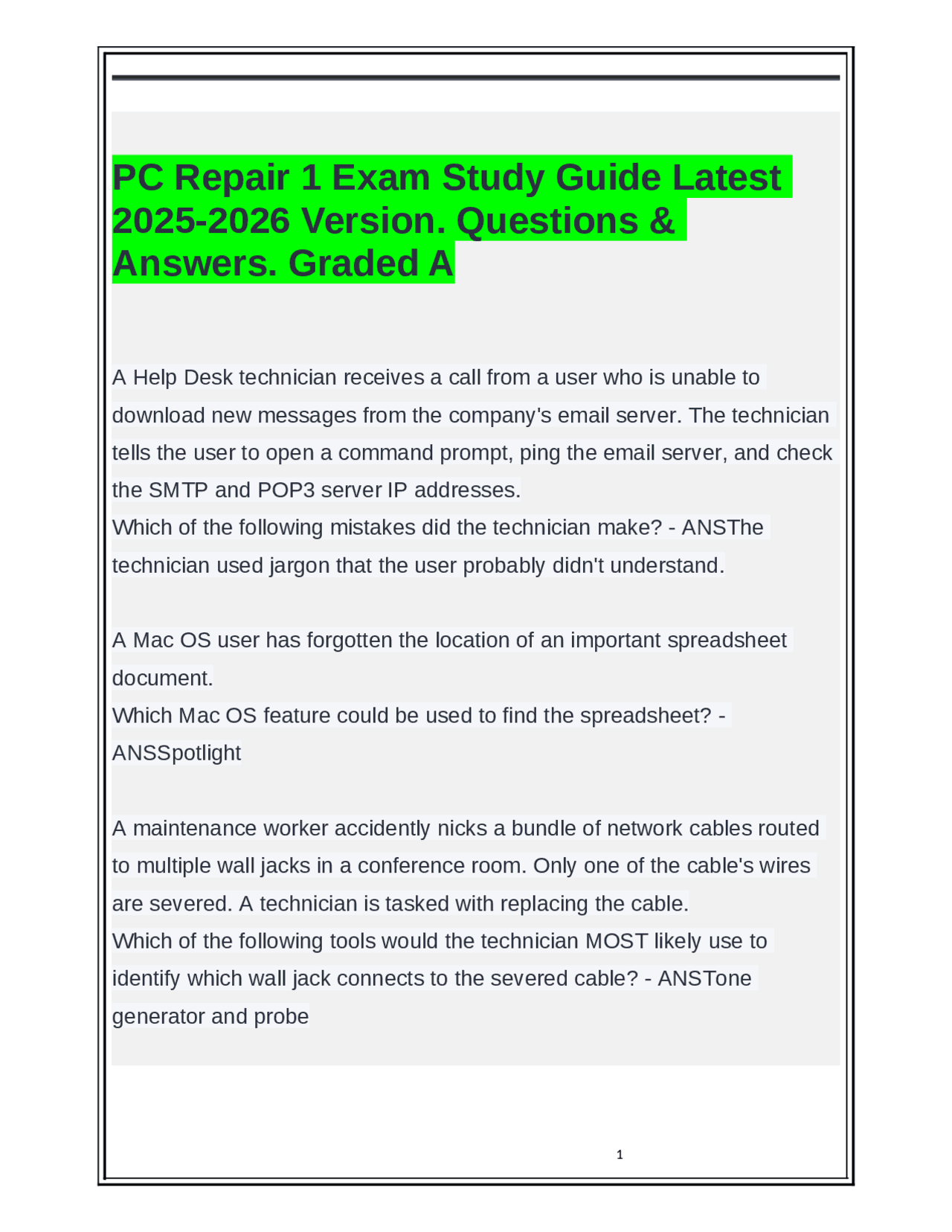 PC Repair 1 Exam Study Guide Latest 2025-2026 Version. Questions ...