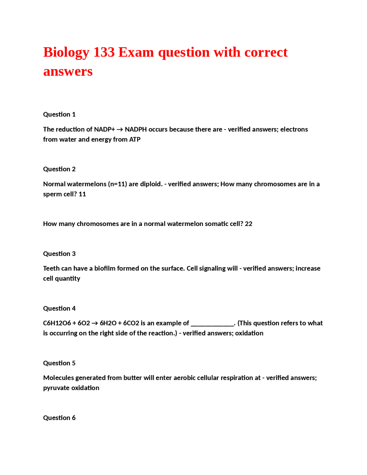 Biology 133 Exam Questions and Answers: Cell Biology, Genetics, and ...