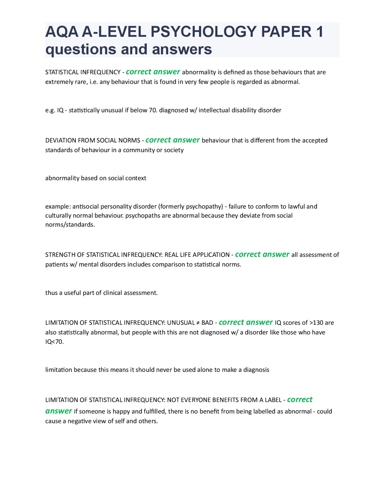 AQA A-LEVEL PSYCHOLOGY PAPER 1 questions and answers | Exams Nursing ...