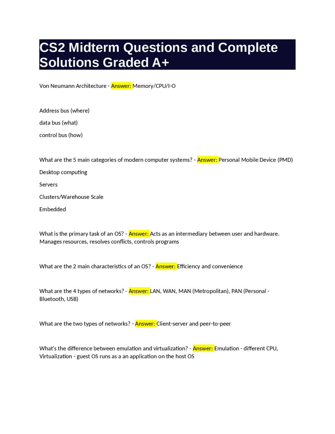 CS2 Midterm Questions and Complete Solutions Graded A+ | Exams Law ...
