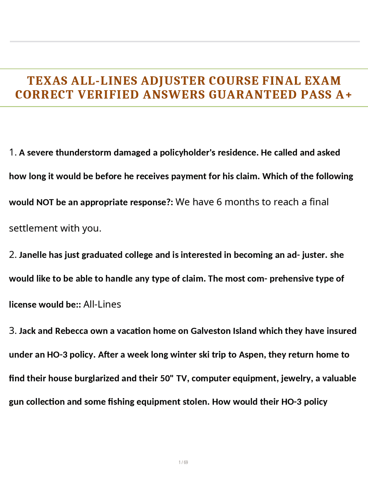 TEXAS ALL-LINES ADJUSTER COURSE FINAL EXAM CORRECT VERIFIED ANSWERS ...