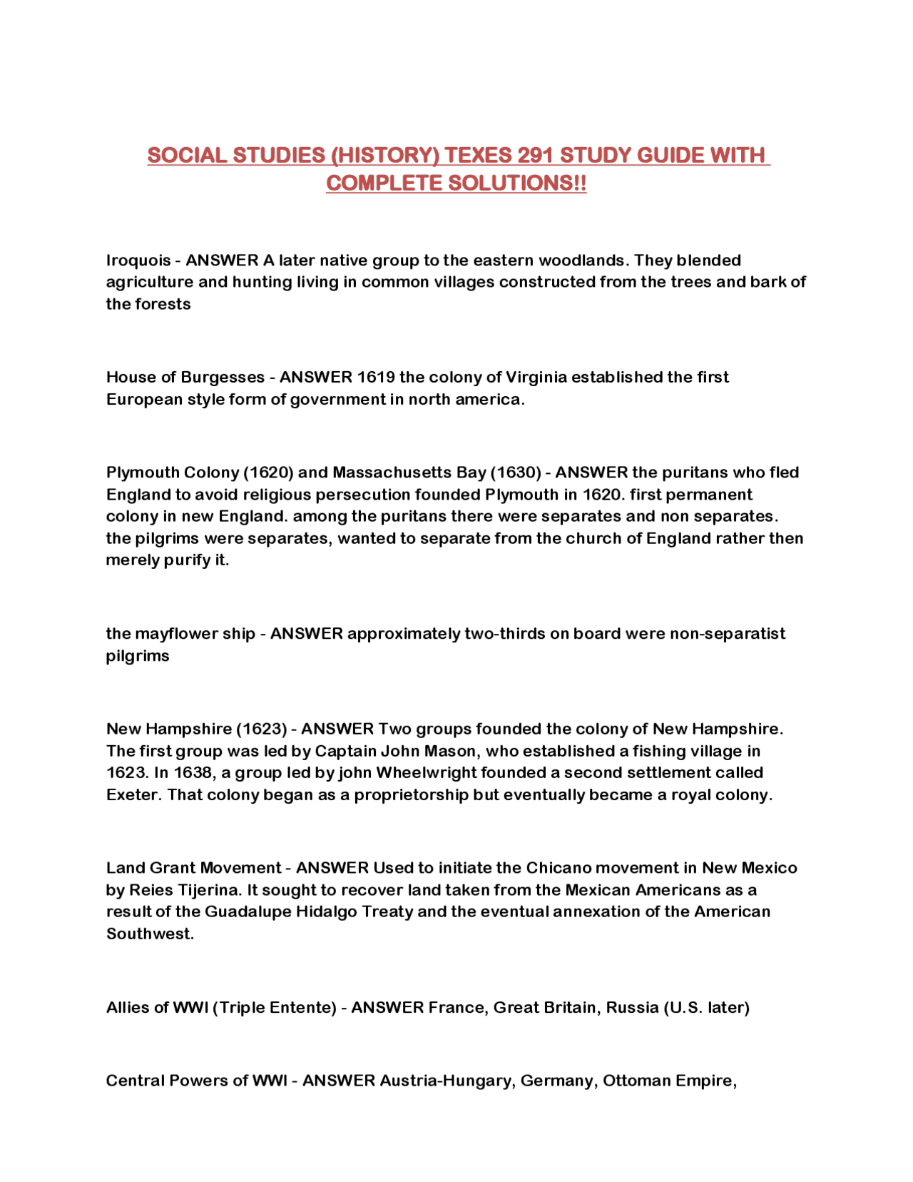 SOCIAL STUDIES (HISTORY) TEXES 291 STUDY GUIDE WITH COMPLETE SOLUTIONS ...