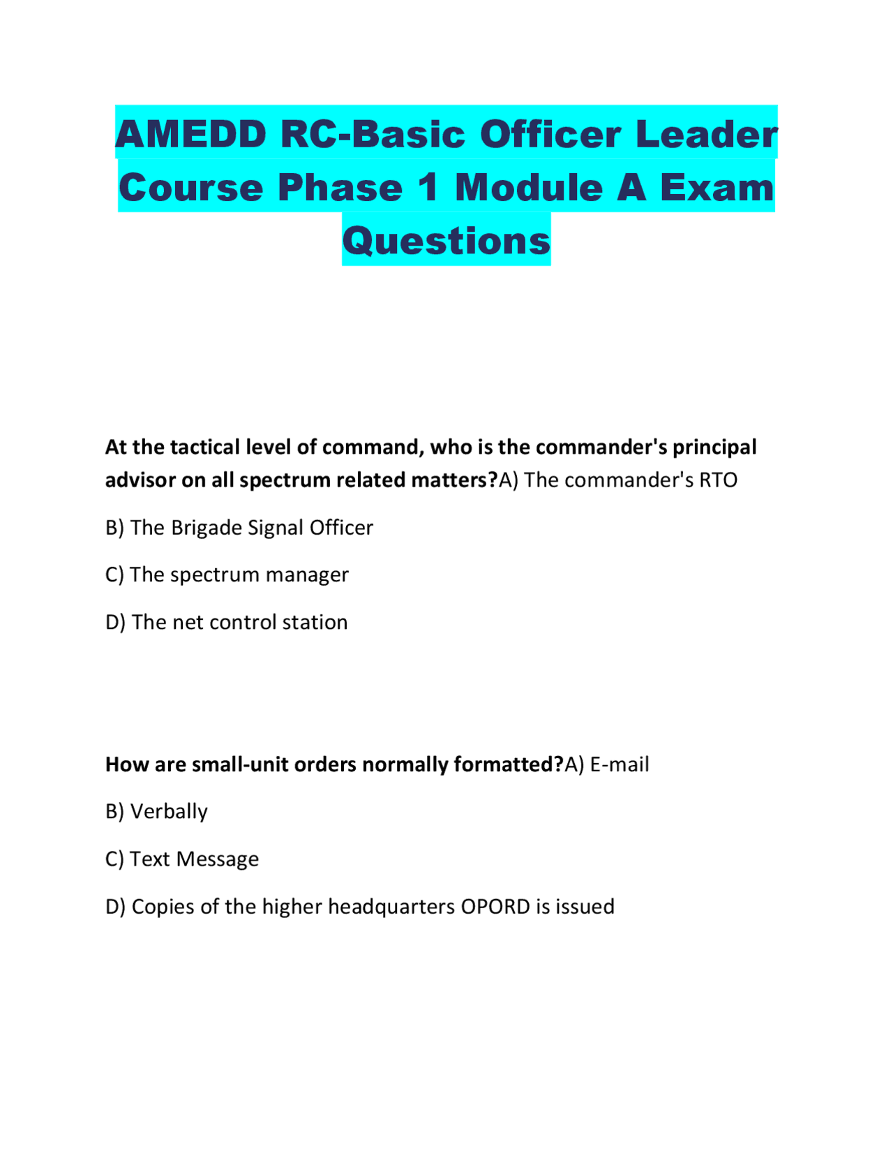 AMEDD RC-Basic Officer Leader Course Phase 1 Module A Exam | Exams ...